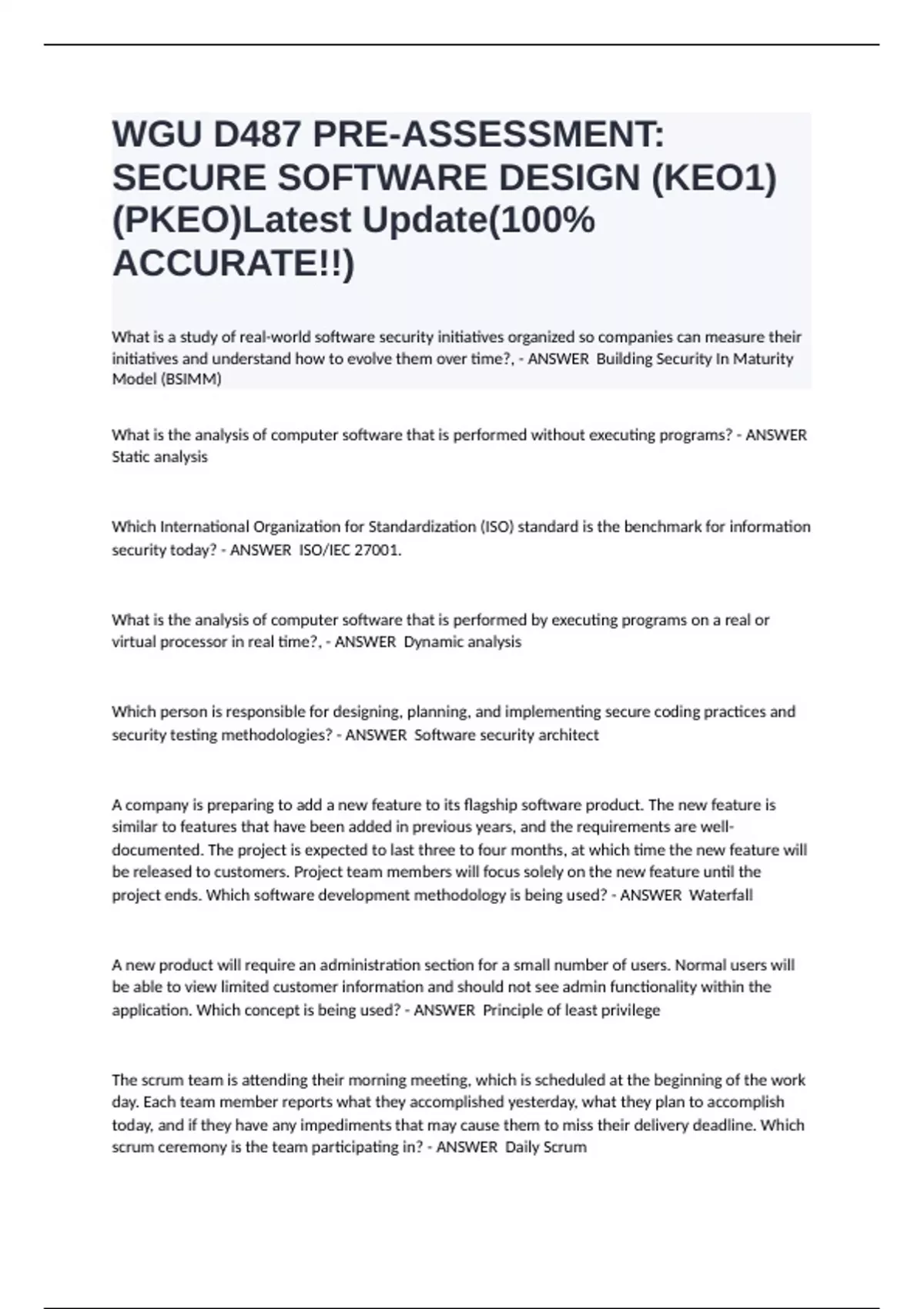 WGU D487 PRE-ASSESSMENT: SECURE SOFTWARE DESIGN (KEO1) (PKEO)Latest ...