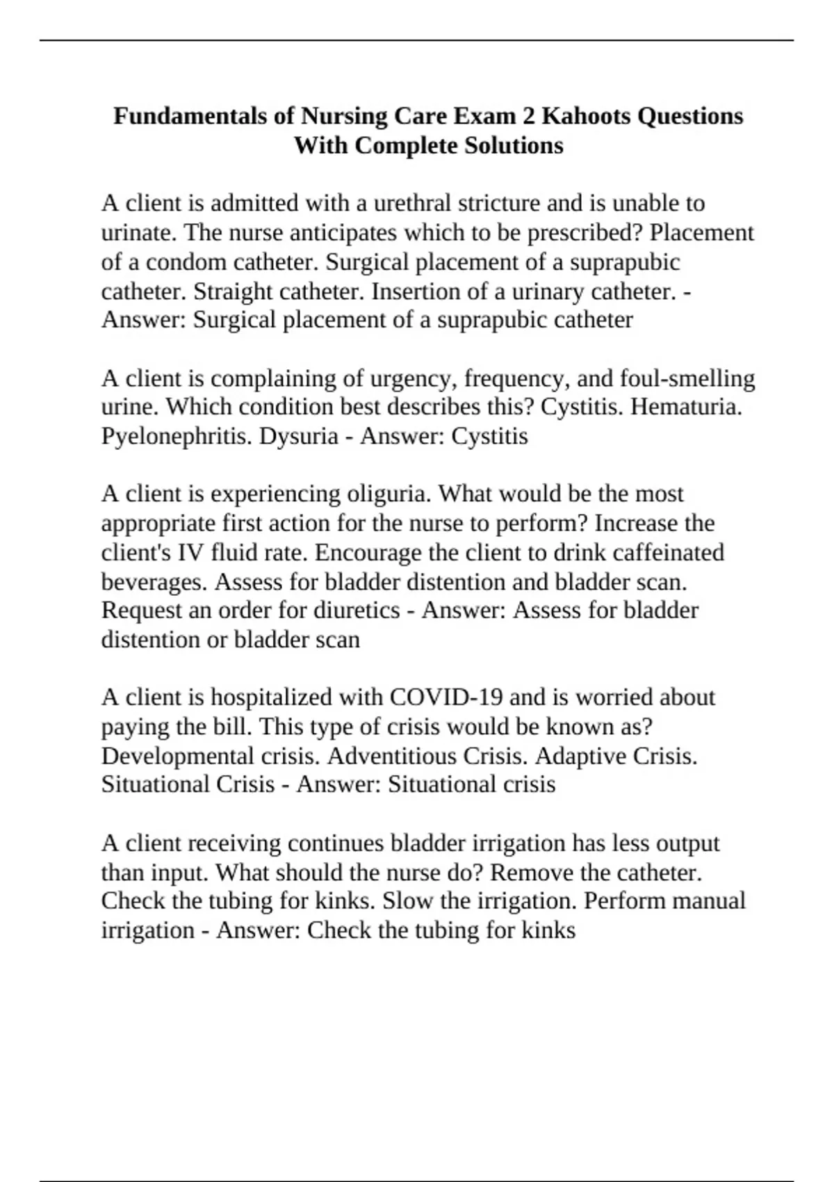 Fundamentals of Nursing Care Exam 2 Kahoots Questions With Complete ...