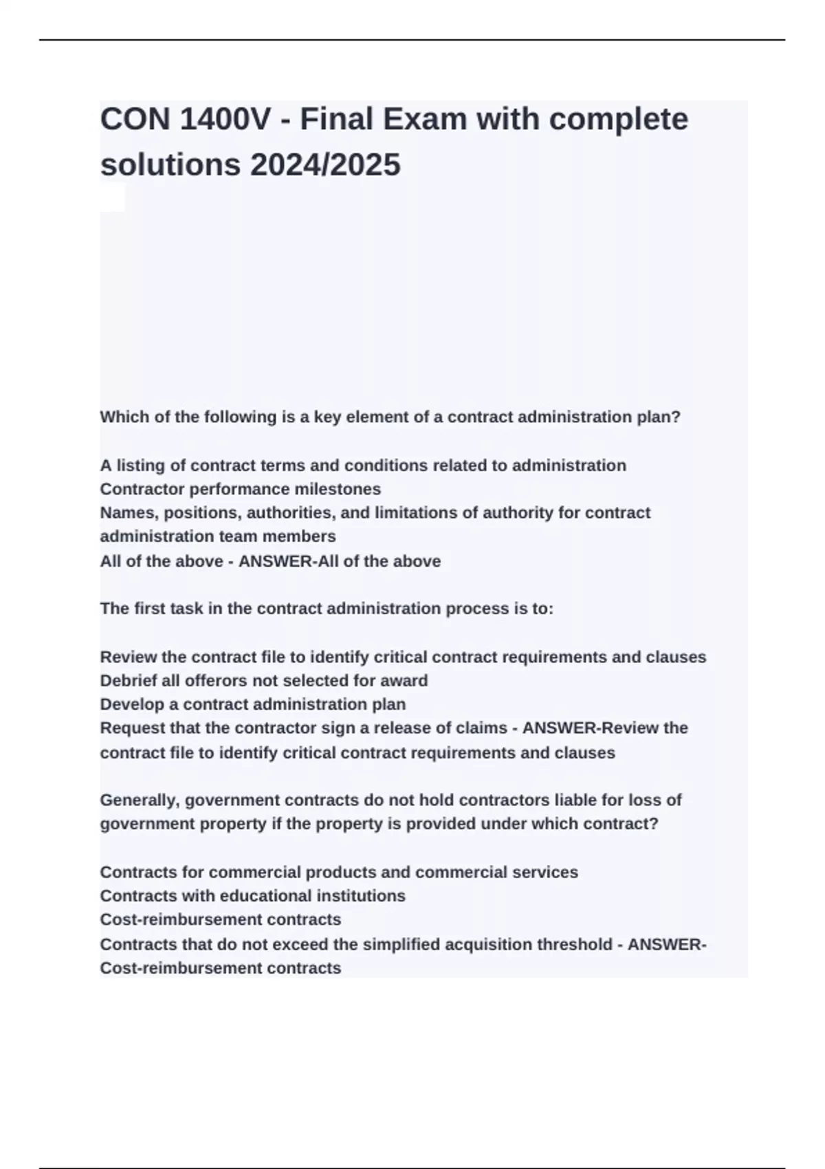 CON 1400V - Final Exam with complete solutions 2024_2025 - CON - Stuvia US