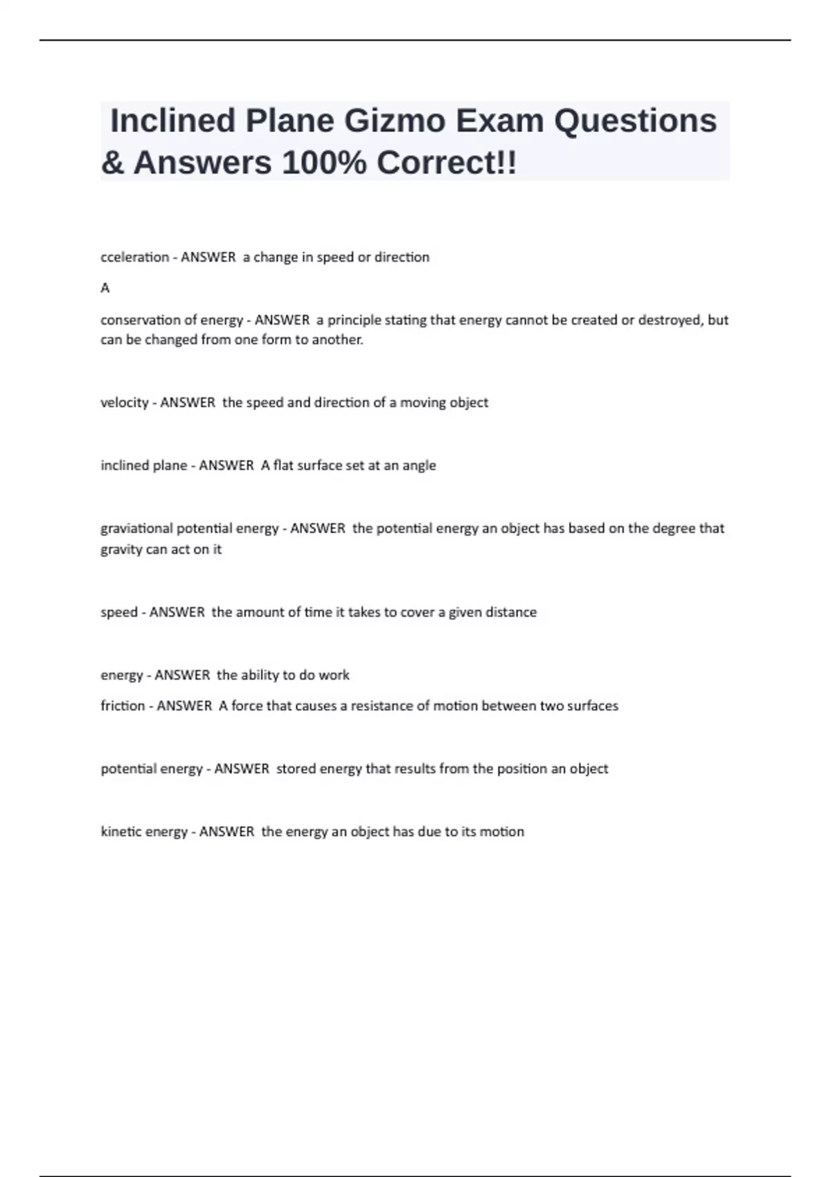 Inclined Plane Gizmo Exam Questions & Answers 100% Correct!! - Inclined ...