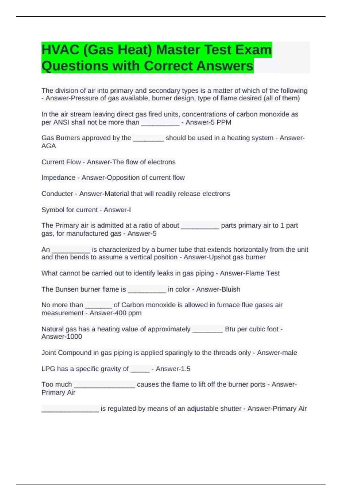 HVAC (Gas Heat) Master Test Exam Questions with Correct Answers - Gas ...