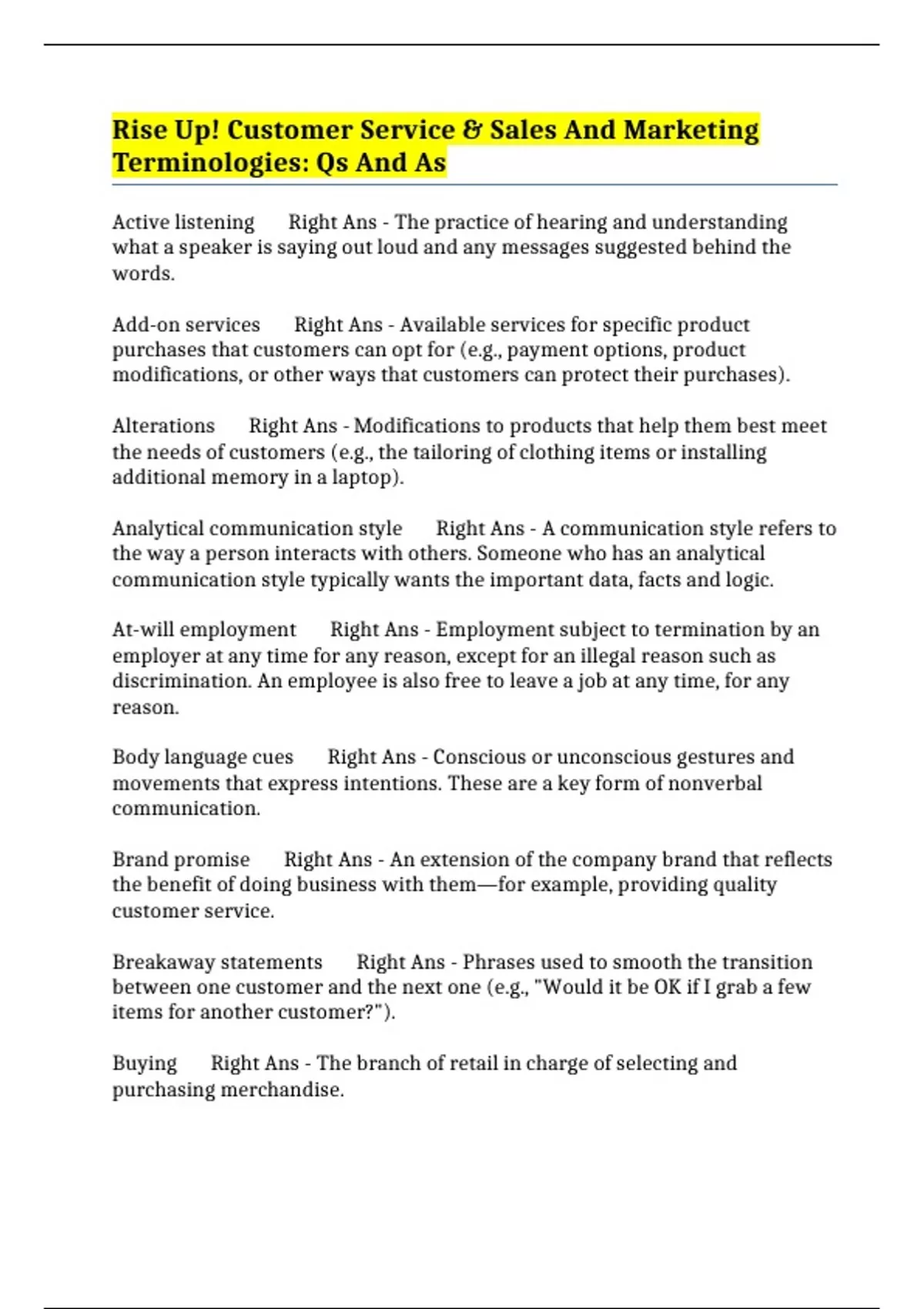 Rise Up! Customer Service & Sales And Marketing Terminologies: Qs And ...