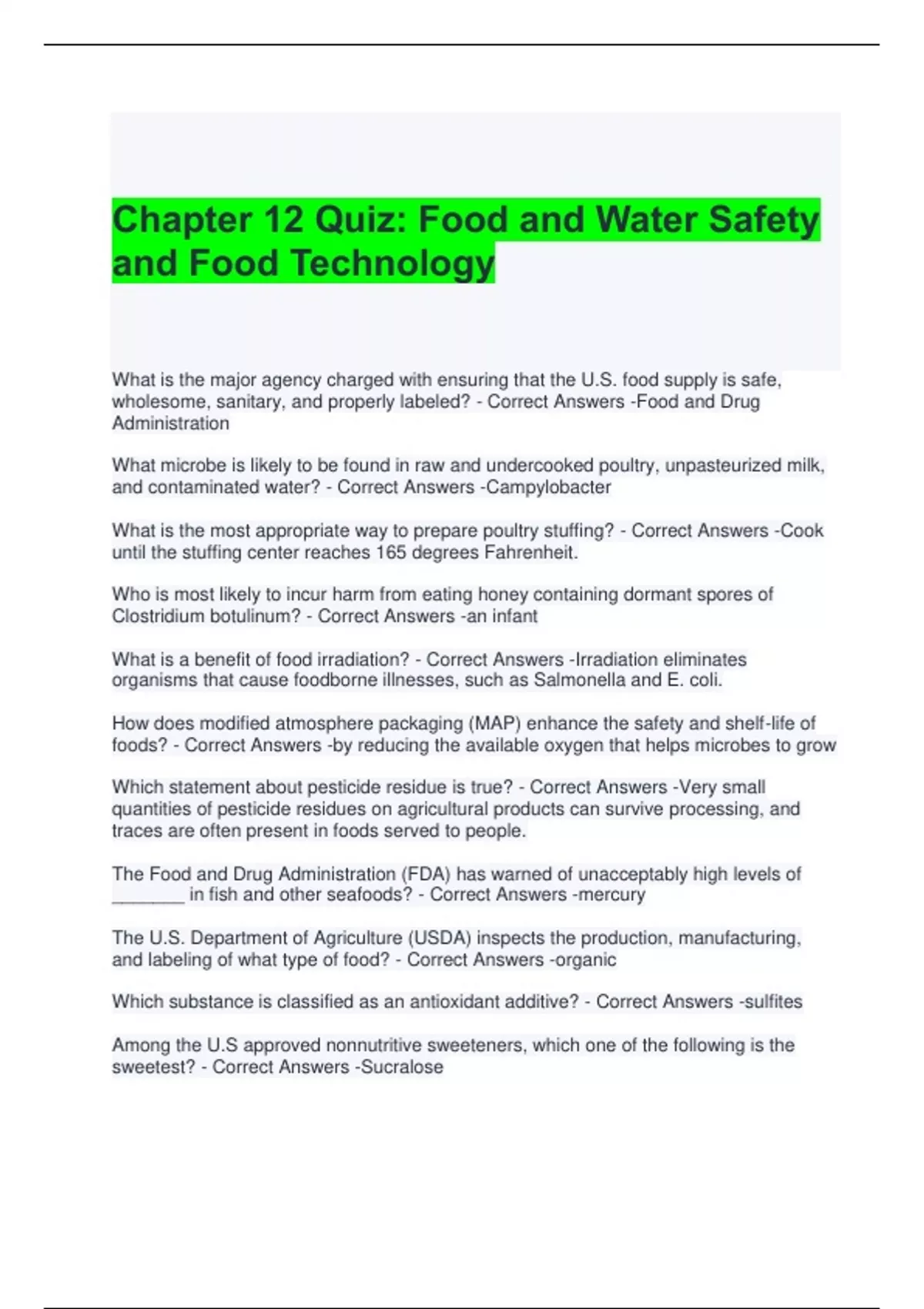 Chapter 12 Quiz Food and Water Safety and Food Technology-with complete ...