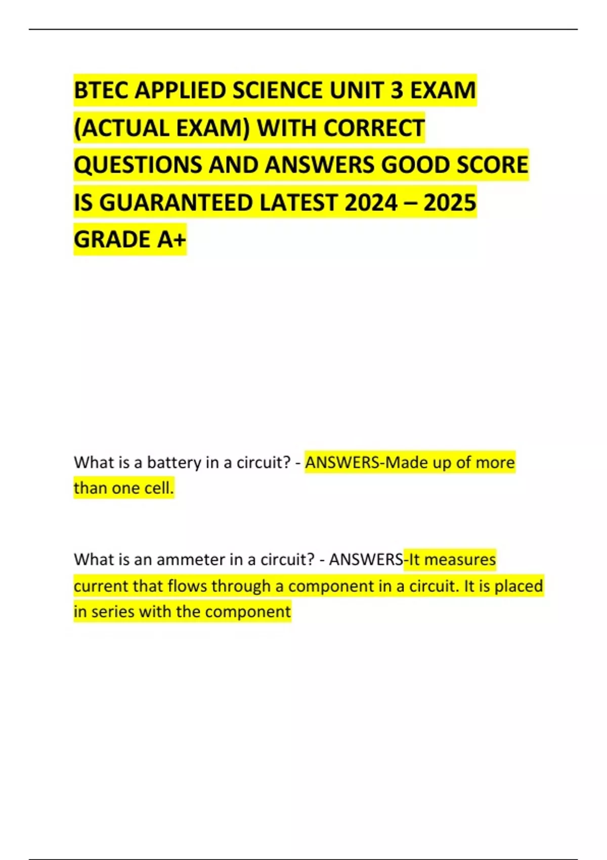 Btec Applied Science Unit 3 Exam Actual Exam With Correct Questions And Answers Good Score Is