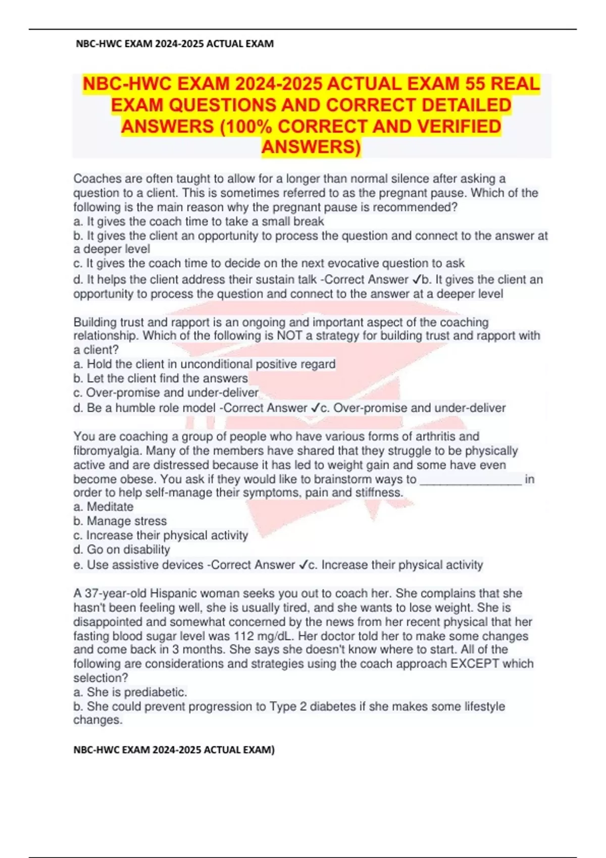 NBC-HWC EXAM ACTUAL EXAM 55 REAL EXAM QUESTIONS AND CORRECT DETAILED ...