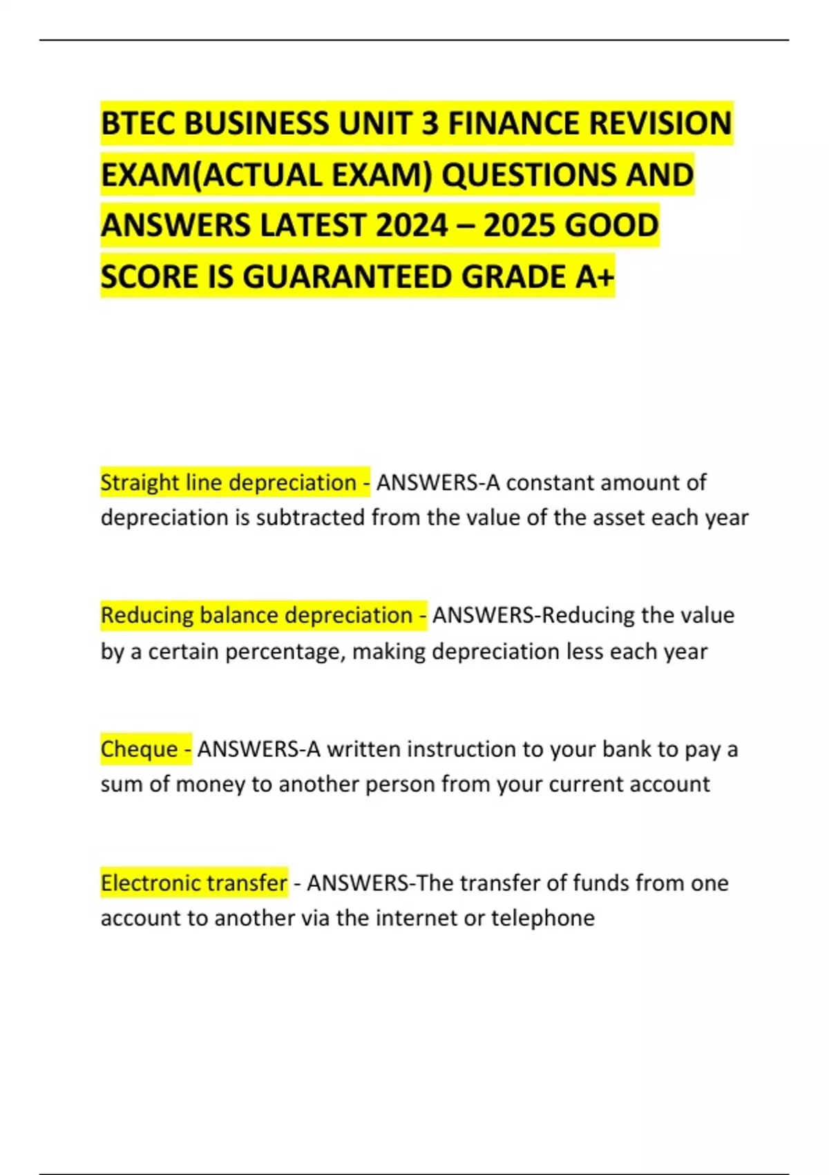 BTEC BUSINESS UNIT 3 FINANCE REVISION EXAM(ACTUAL EXAM) QUESTIONS AND ...