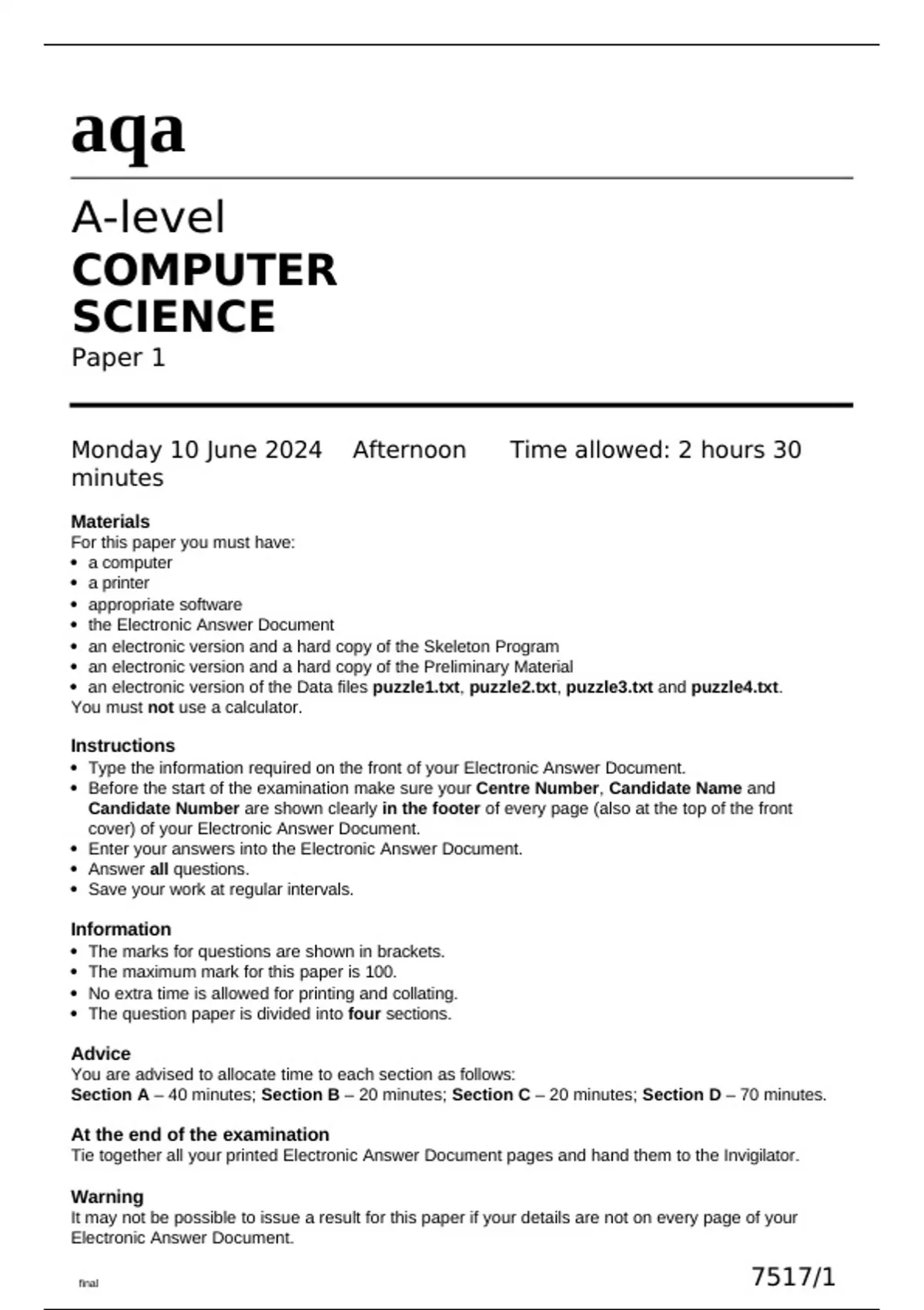 aqa A-level COMPUTER SCIENCE (7517/1)Paper 1 June 2024 Mark Scheme and Question Paper - Stuvia US