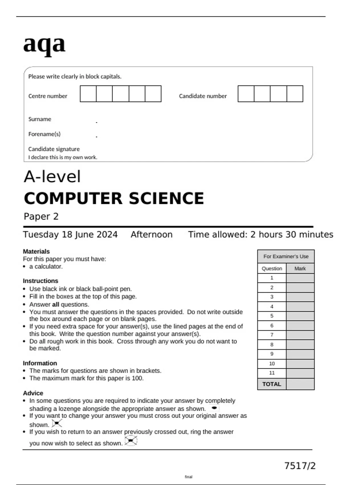 aqa A-level COMPUTER SCIENCE Paper 2(7517/2) OFFICIAL Mark Scheme and Question Paper June 2024 ...