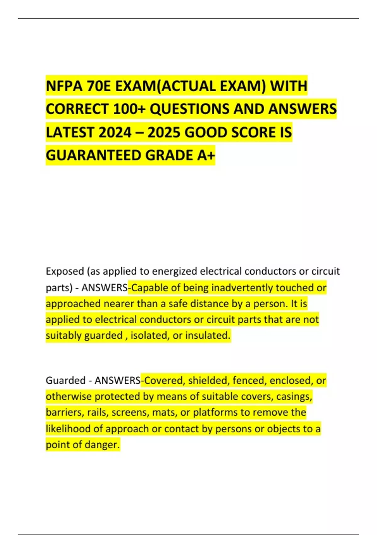 NFPA 70E EXAM(ACTUAL EXAM) WITH CORRECT 100+ QUESTIONS AND ANSWERS ...