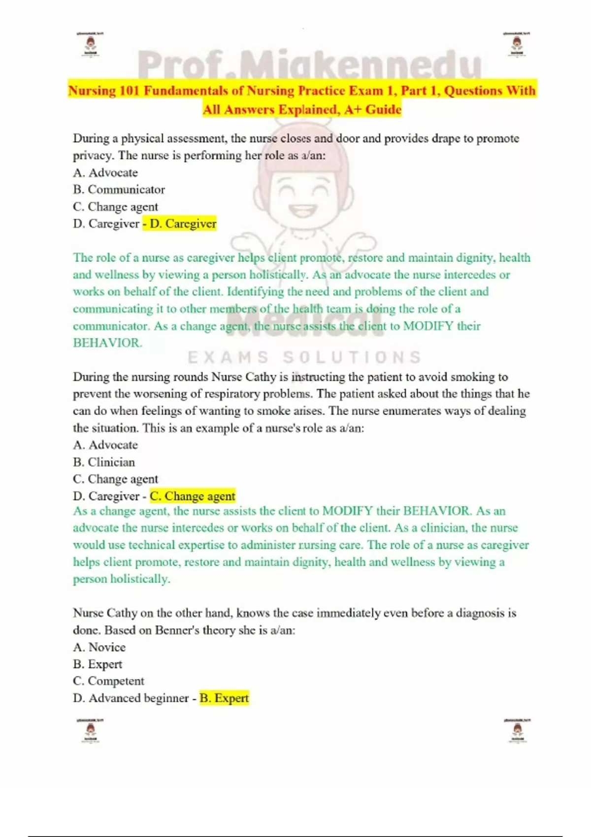 Nursing 101 Fundamentals Of Nursing Practice Exam 1 Part 1 Questions