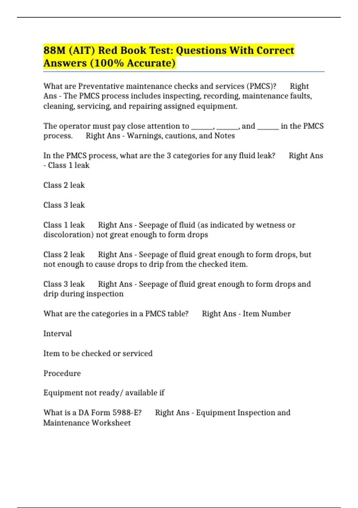 88M (AIT) Red Book Test: Questions With Correct Answers (100% Accurate ...