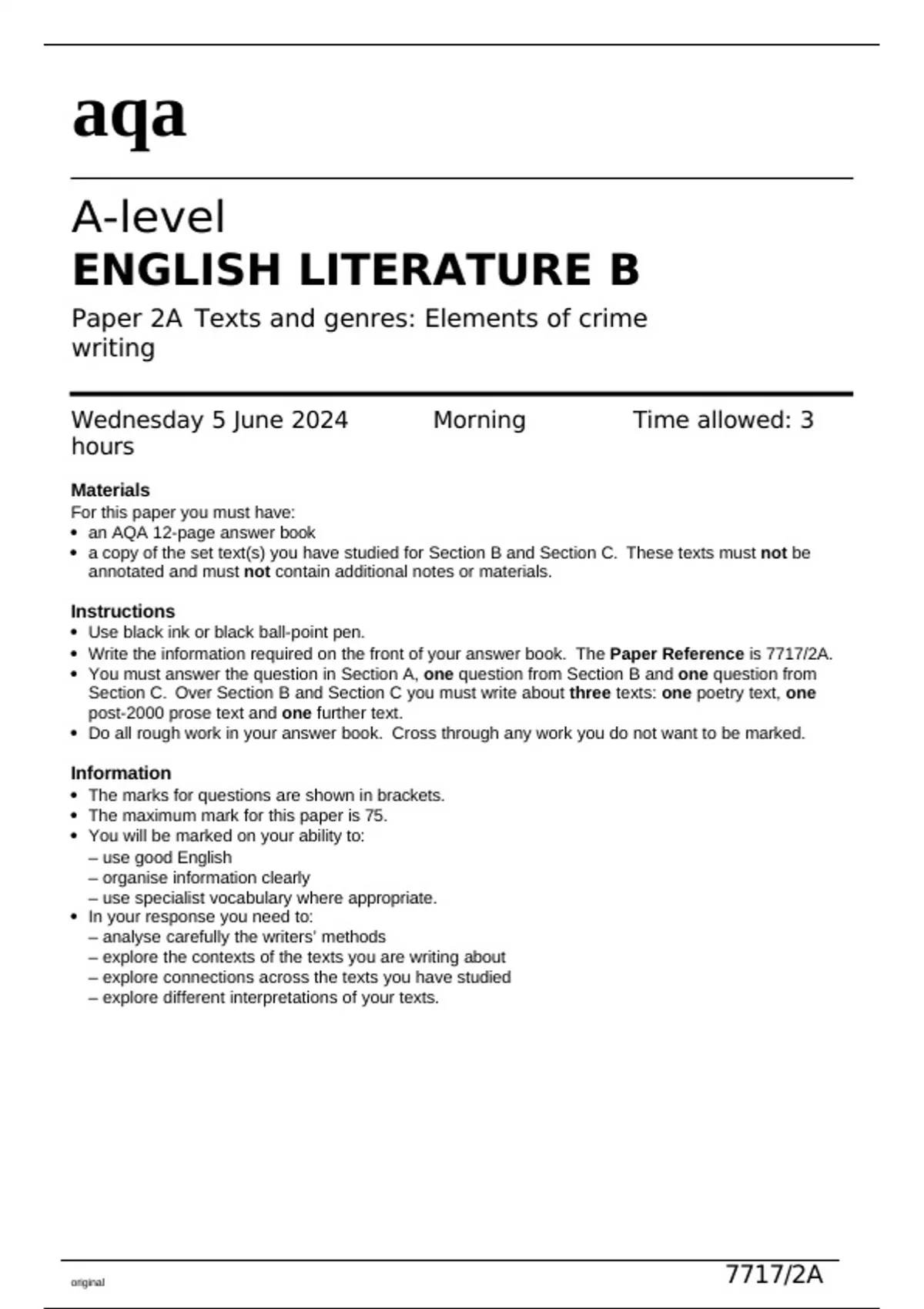 aqa A-level ENGLISH LITERATURE B Paper 2A Texts and genres: Elements of ...