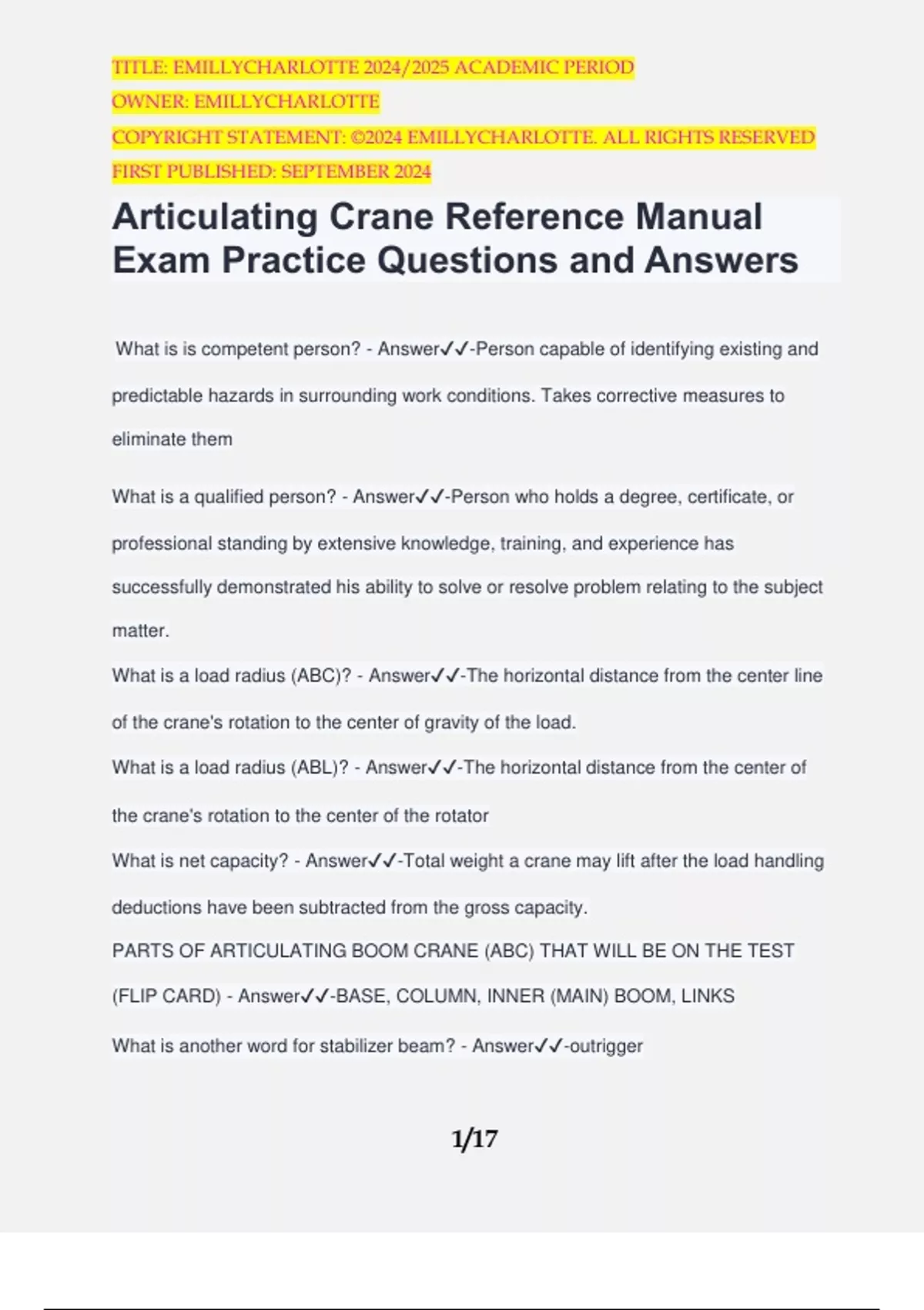 Articulating Crane Review Questions with Correct Answers - Articulating ...