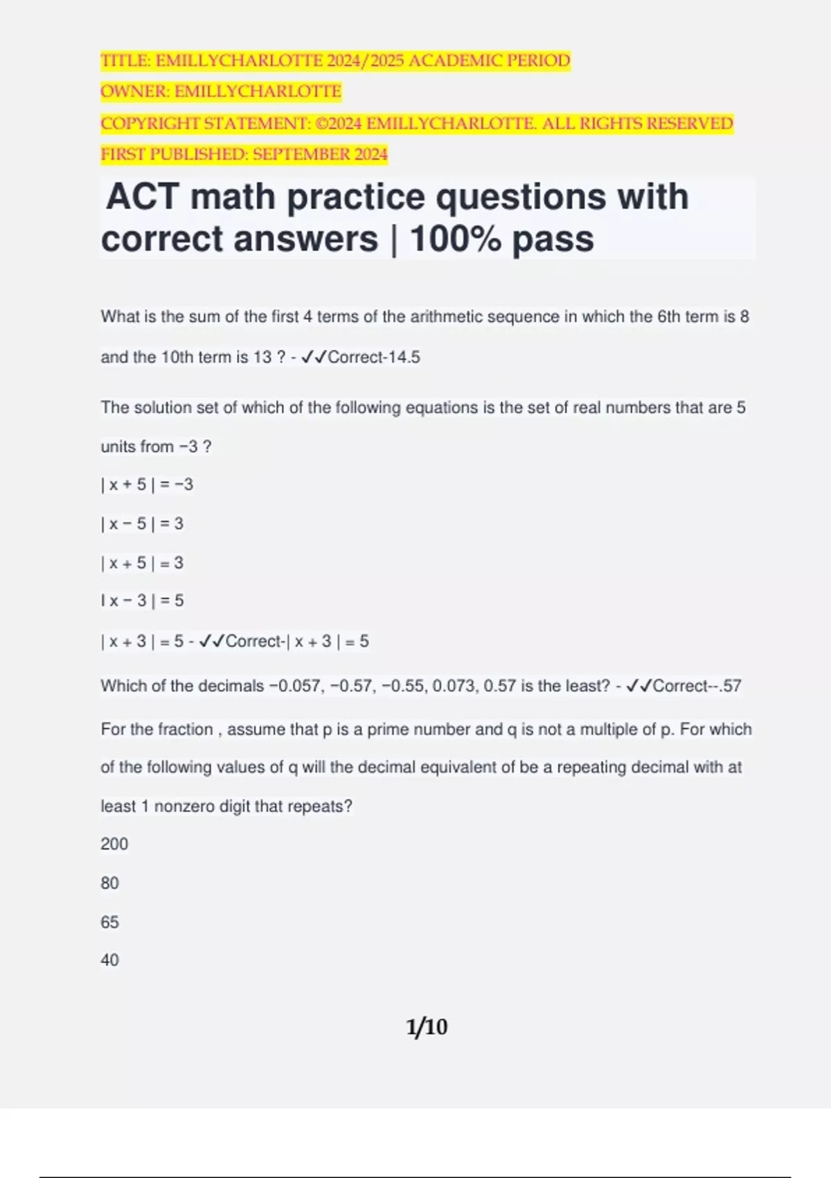 ACT math practice questions with correct answers | 100% pass - ACT ...