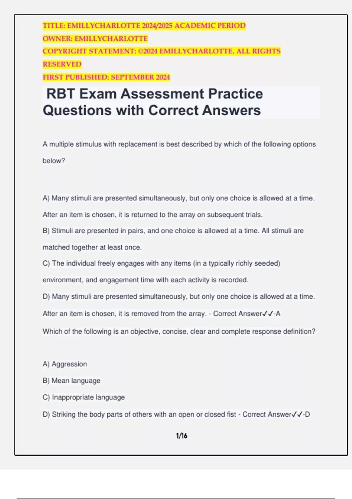 RBT Exam Assessment Practice Questions with Correct Answers - Rbt ...