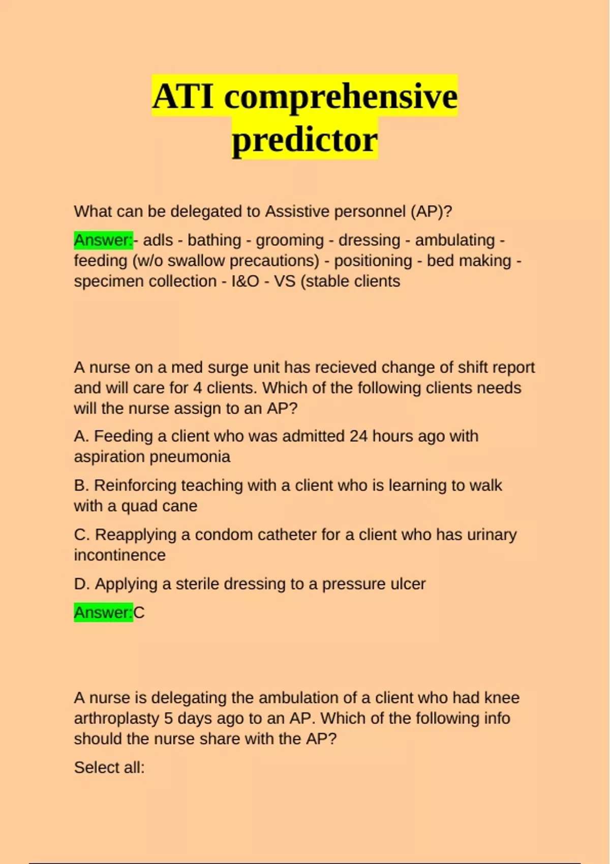 ATI Comprehensive Predictor Exam QUESTIONS AND 100% CORRECT ANSWERS ...