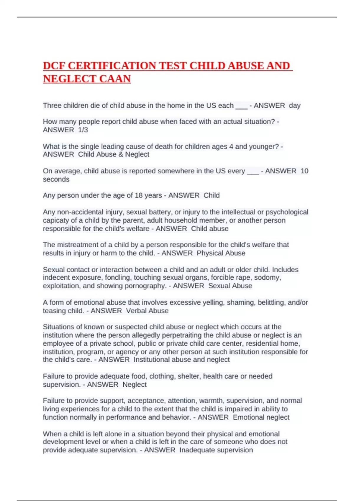 DCF CERTIFICATION TEST CHILD ABUSE AND NEGLECT CAAN - DCF certification ...
