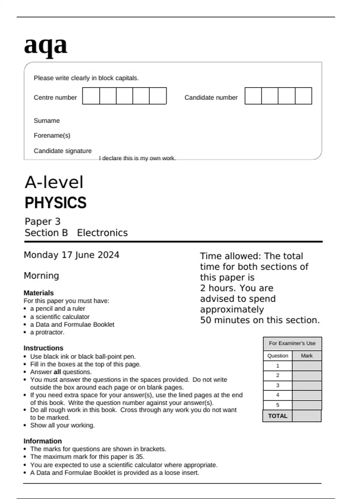 aqa A-level PHYSICS (7408/3BE)Paper 3 Section B Electronics June 2024 CORRECT Mark Scheme and ...