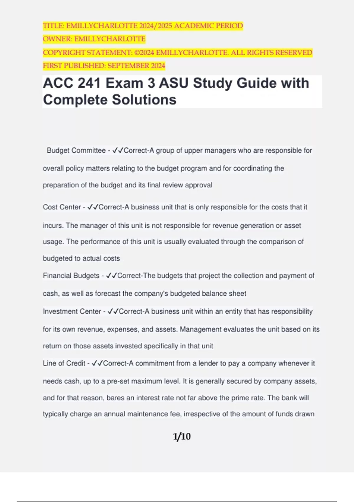 ACC 241 Exam 3 ASU Study Guide with Complete Solutions - Accounting 241 ...