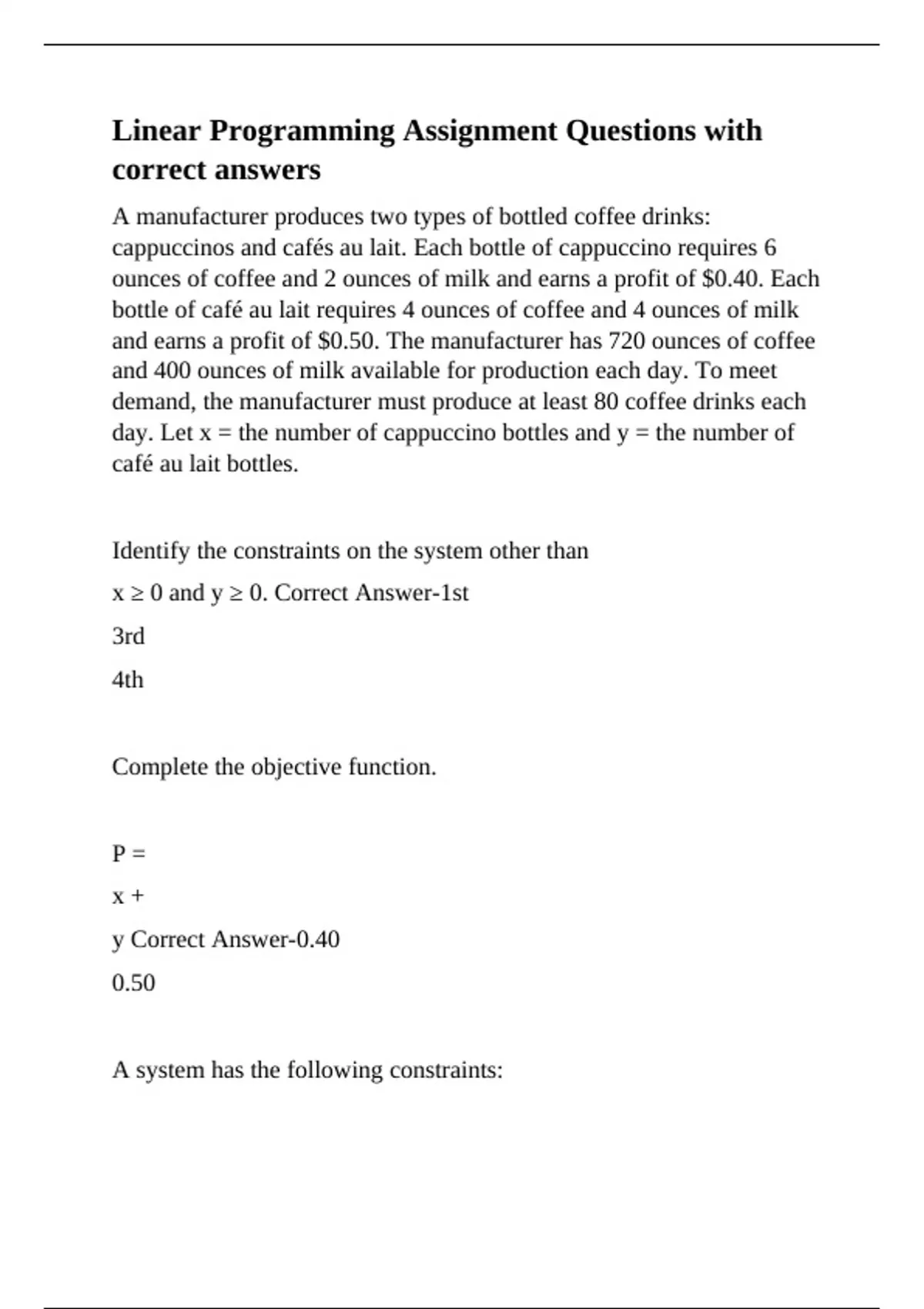 Linear Programming Assignment Questions with correct answers. - Mr001 - Stuvia US