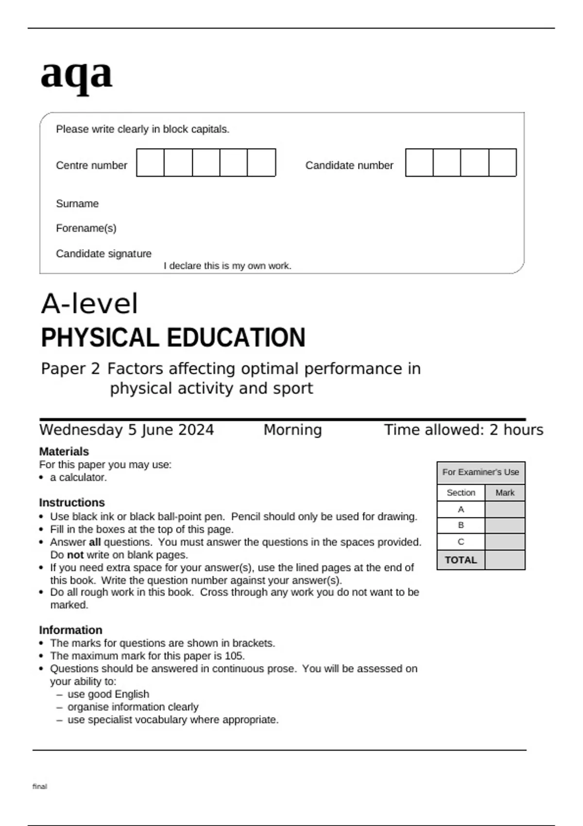 aqa A-level PHYSICAL EDUCATION Paper 2 Factors affecting optimal ...