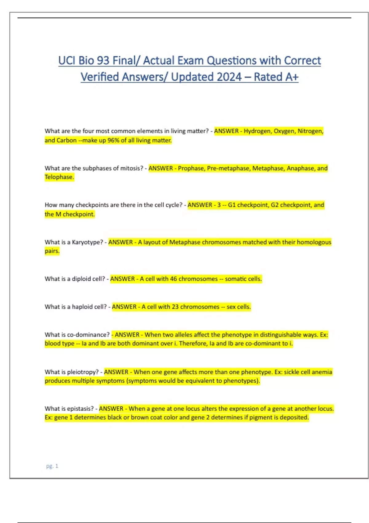 UCI Bio 93 Final/ Actual Exam Questions with Correct Verified Answers ...