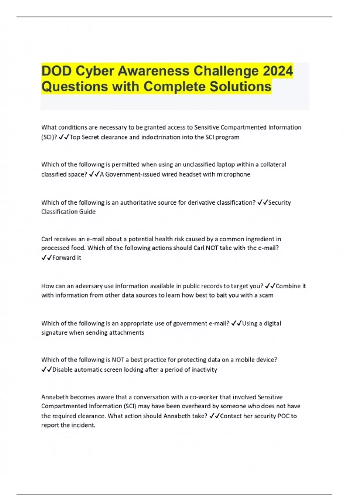 DOD Cyber Awareness Challenge 2024 Questions with Complete Solutions ...