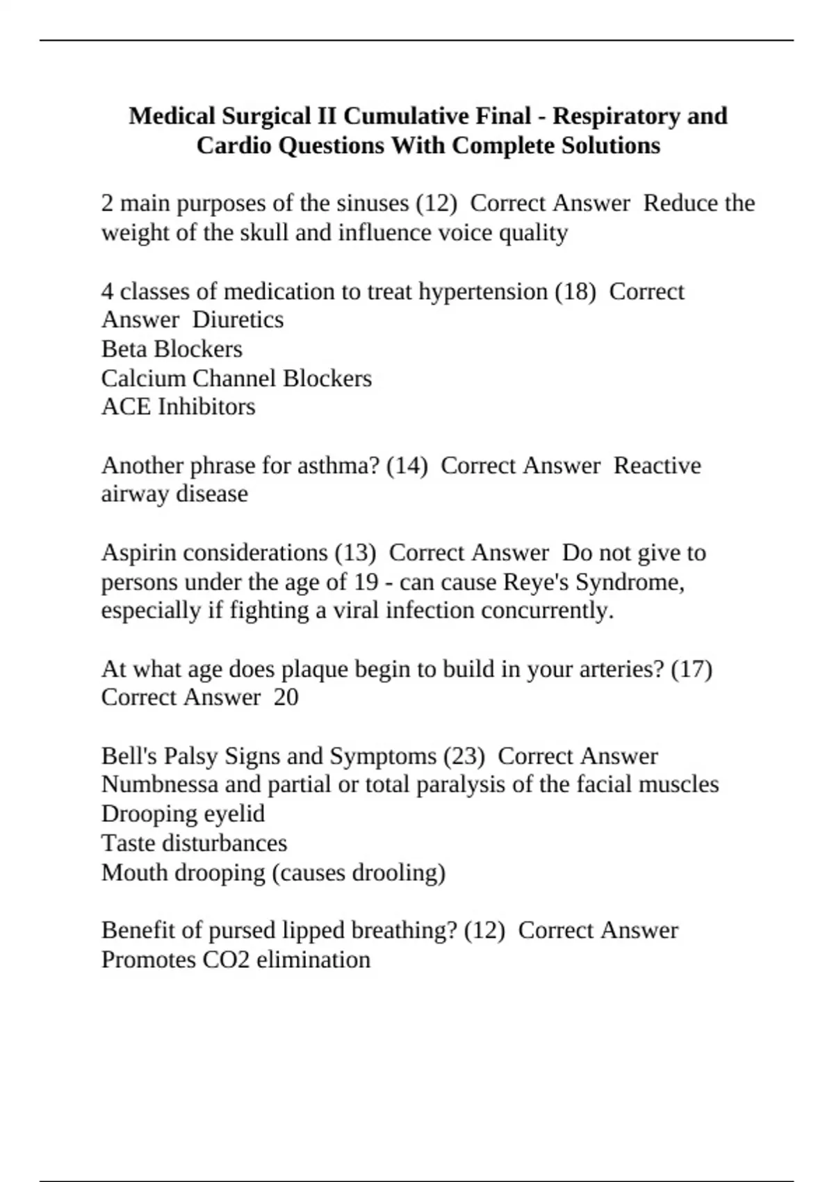 Medical Surgical II Cumulative Final - Respiratory and Cardio Questions ...