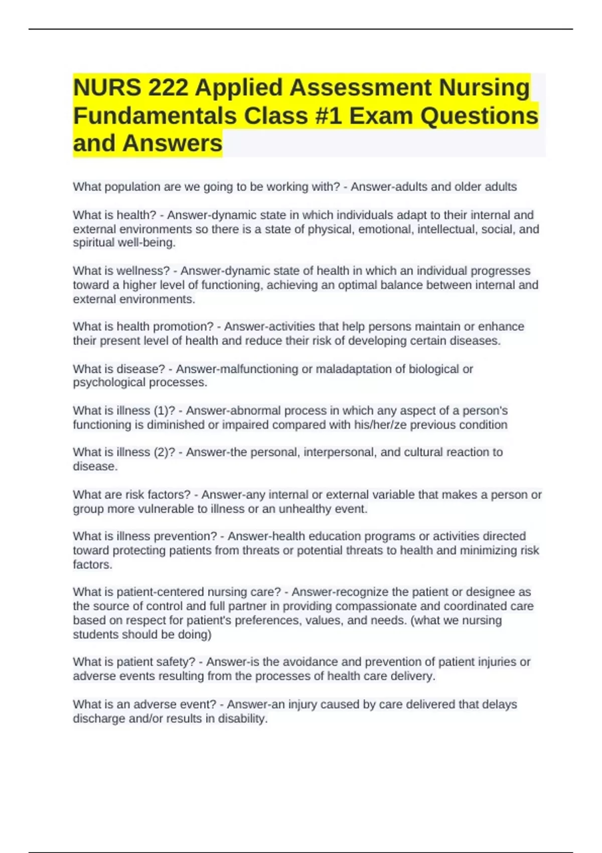 NURS 222 Applied Assessment Nursing Fundamentals Class #1 Exam ...