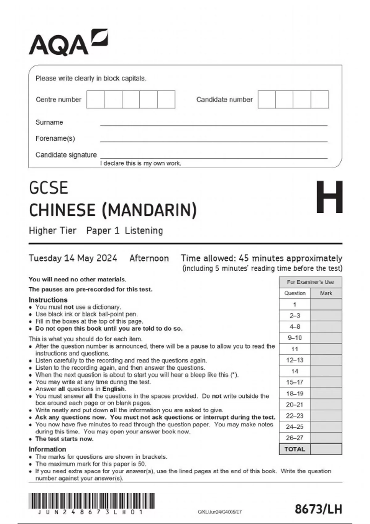 2024 AQA GCSE CHINESE (MANDARIN) HIGHER LISTENING,READING,SPEAKING ...