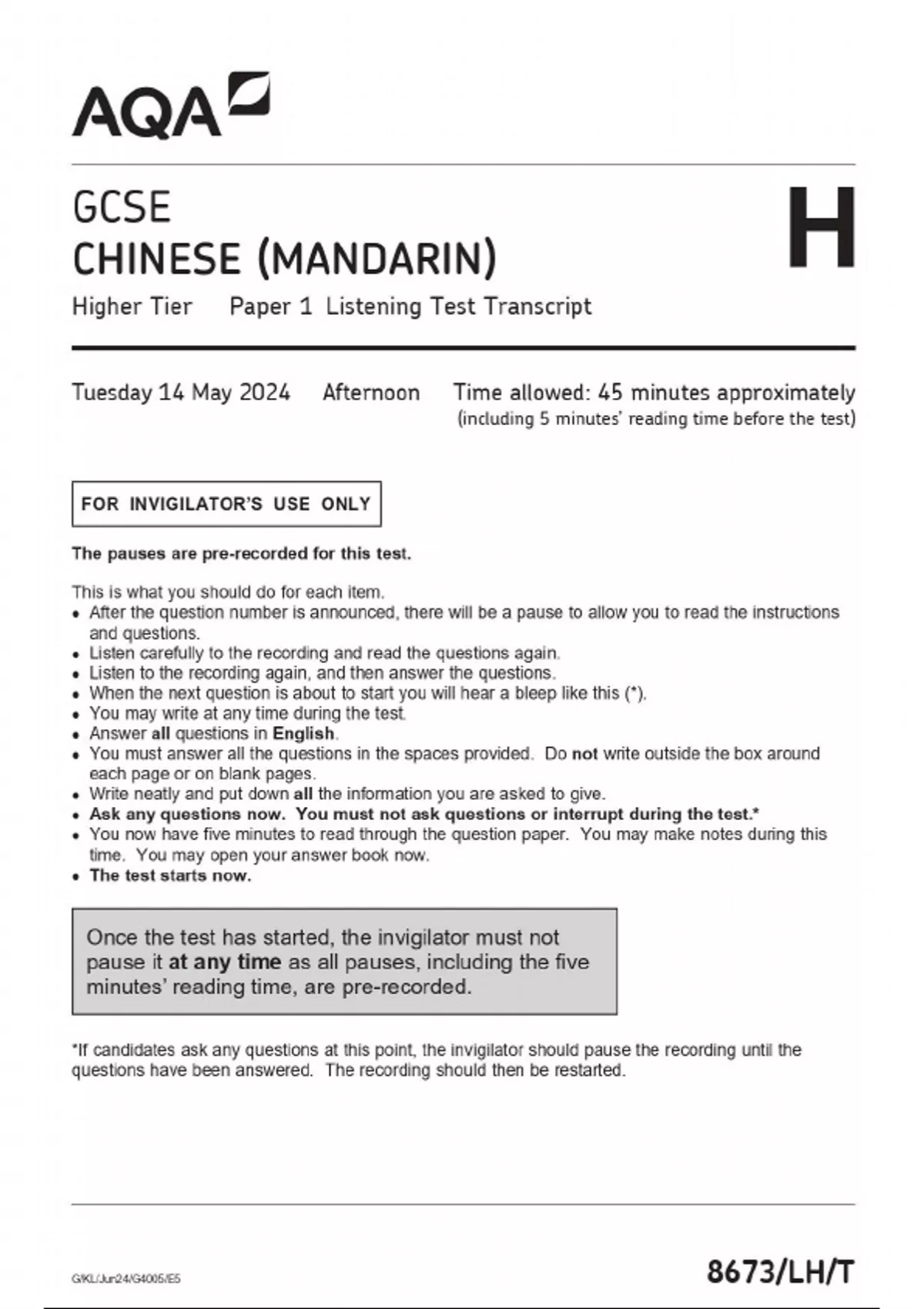 2024 AQA GCSE CHINESE (MANDARIN) HIGHER LISTENING PAPER 1 TEST ...