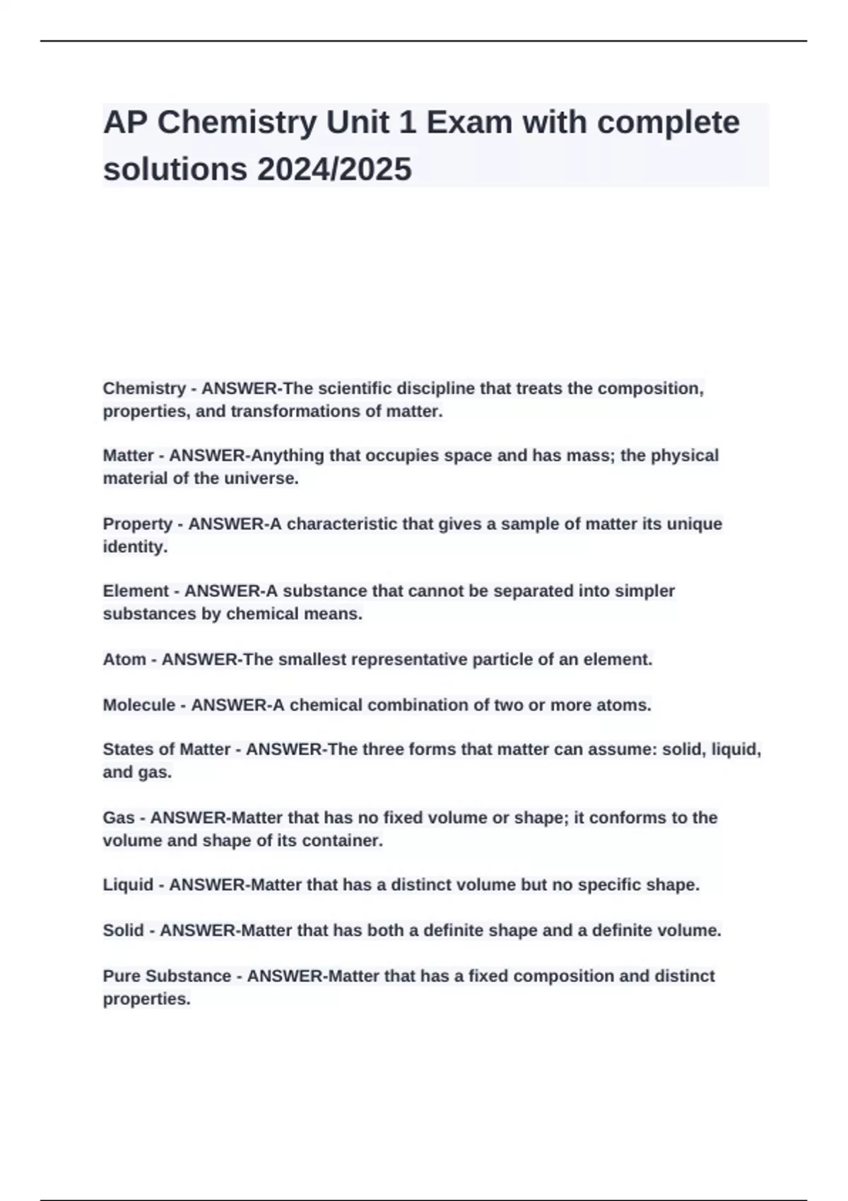 AP Chemistry Unit 1 Exam with complete solutions 2024_2025 - AP ...