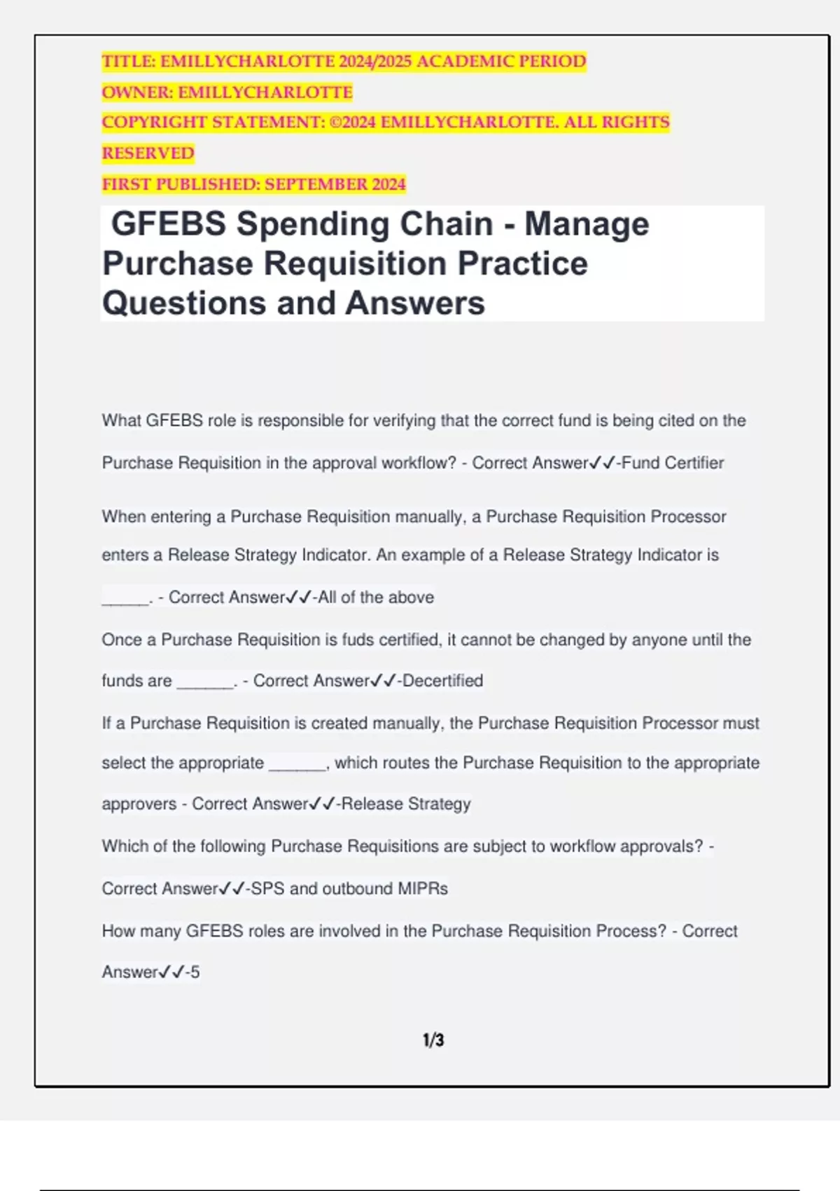 GFEBS Spending Chain - Manage Purchase Requisition Practice Questions ...