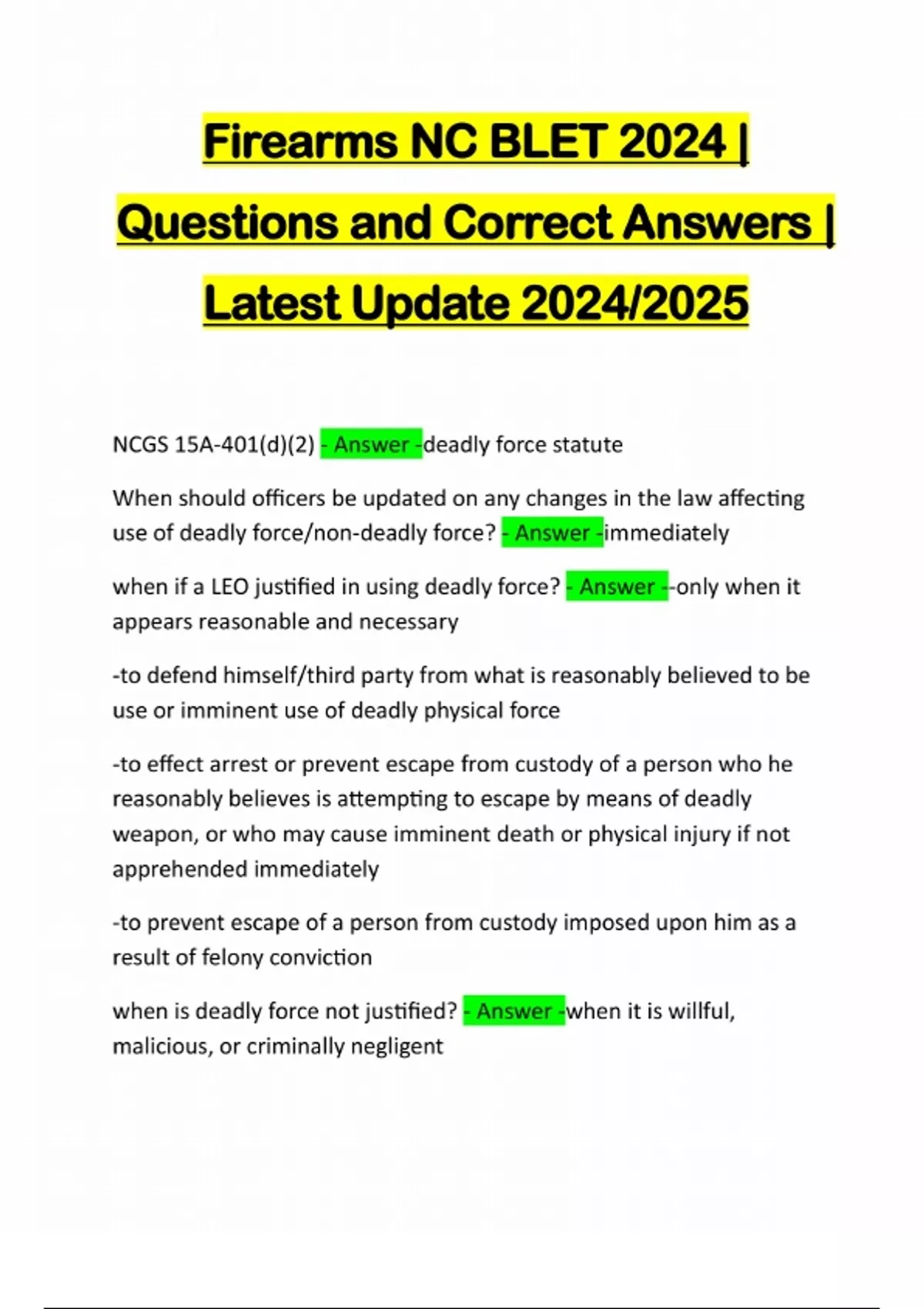 Firearms NC BLET 2024 | Questions and Correct Answers | Latest Update ...