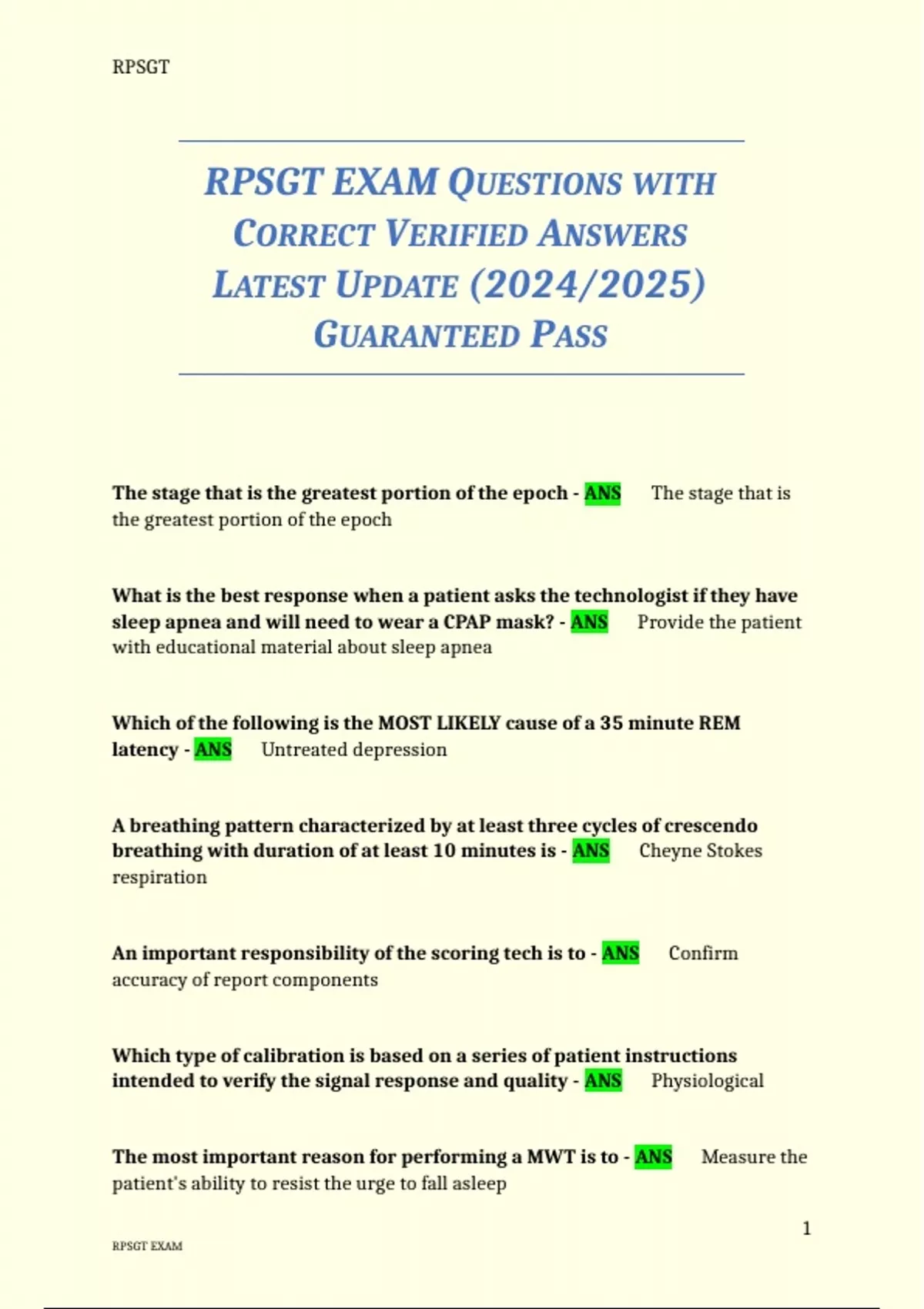 RPSGT EXAM QUESTIONS WITH CORRECT VERIFIED ANSWERS LATEST UPDATE (2024/ ...