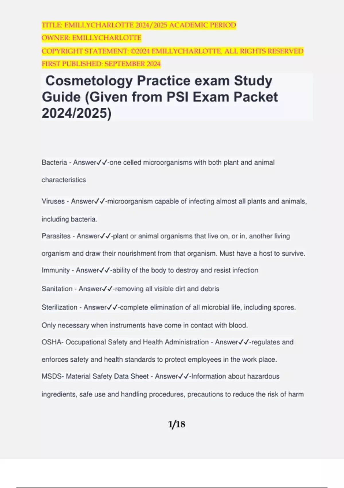 Cosmetology Practice exam Study Guide (Given from PSI Exam Packet 2024/ ...