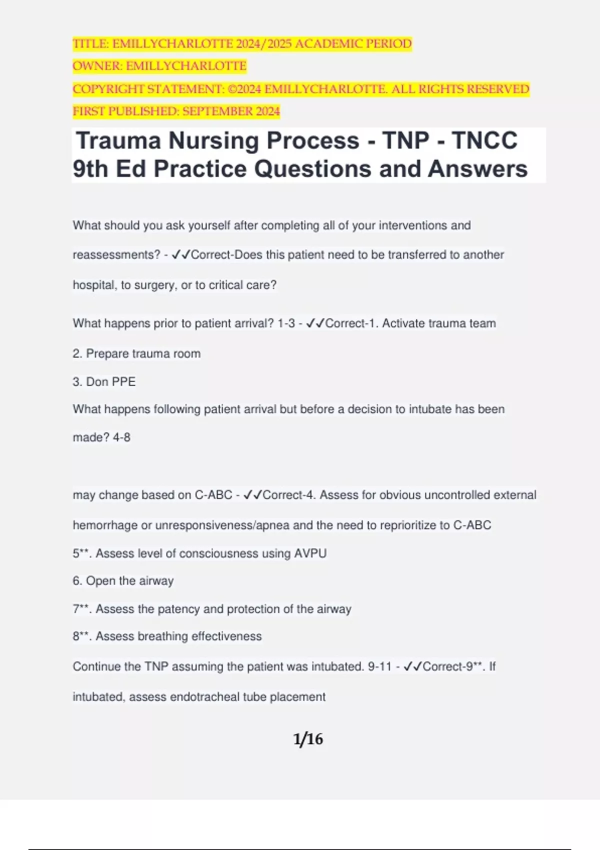 Trauma Nursing Process - TNP - TNCC 9th Ed Practice Questions and Answers - TNCC-Trauma Nursing ...