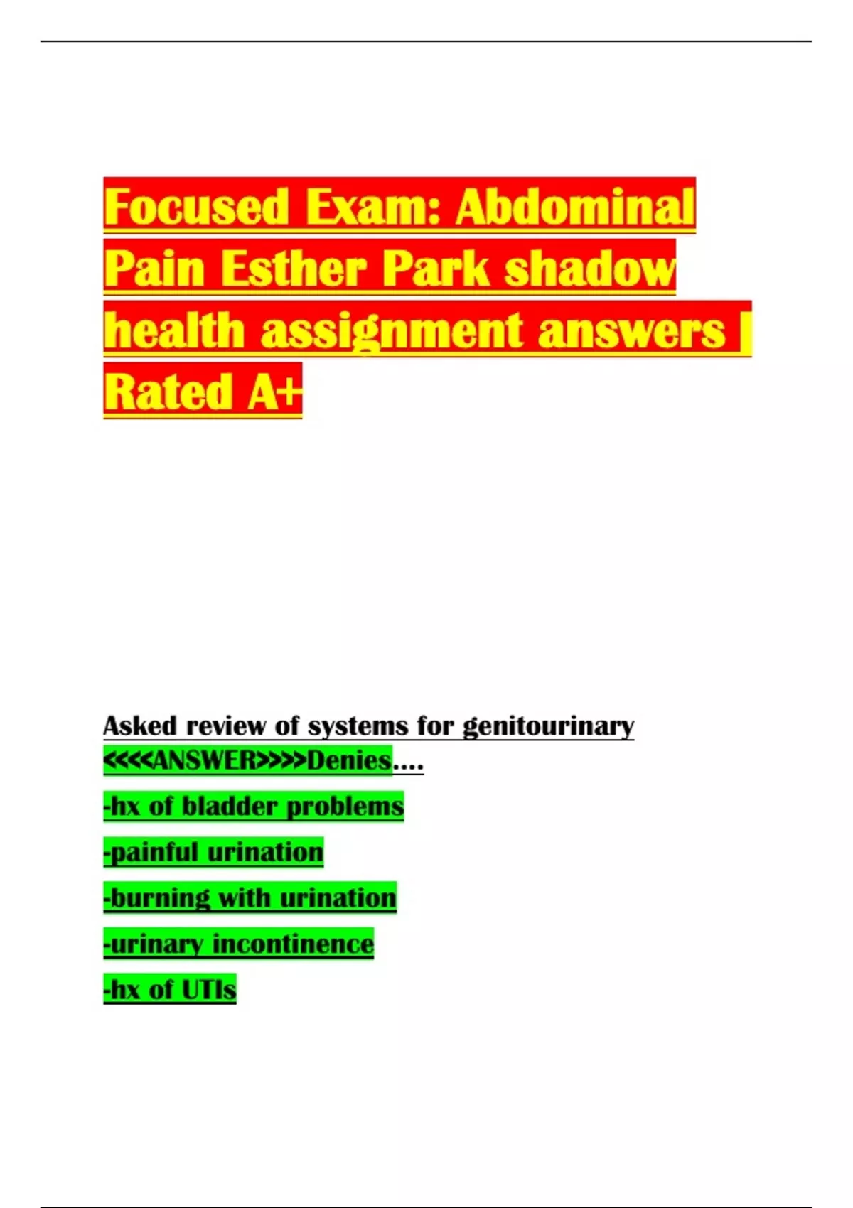 Focused Exam: Abdominal Pain Esther Park shadow health assignment ...