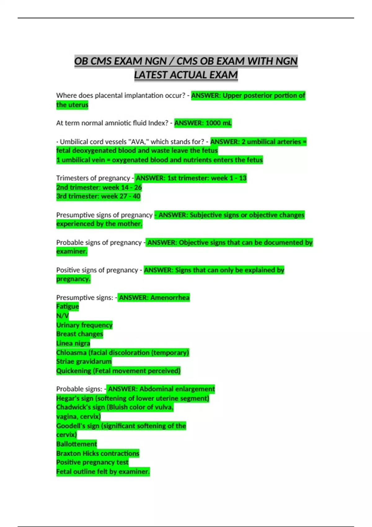 OB CMS EXAM NGN / CMS OB EXAM WITH NGN LATEST ACTUAL EXAM - OB CMS ...