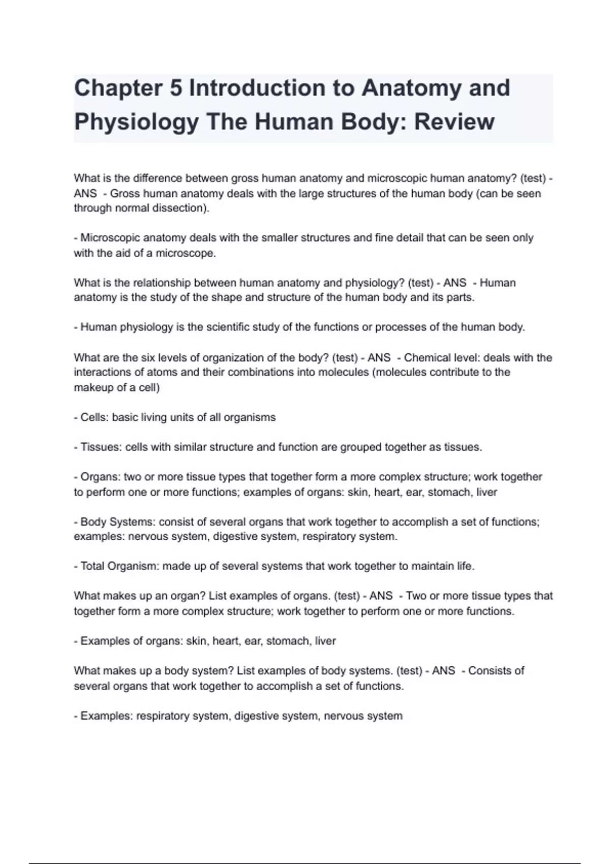 Chapter 5 Introduction to Anatomy and Physiology The Human Body: Review ...