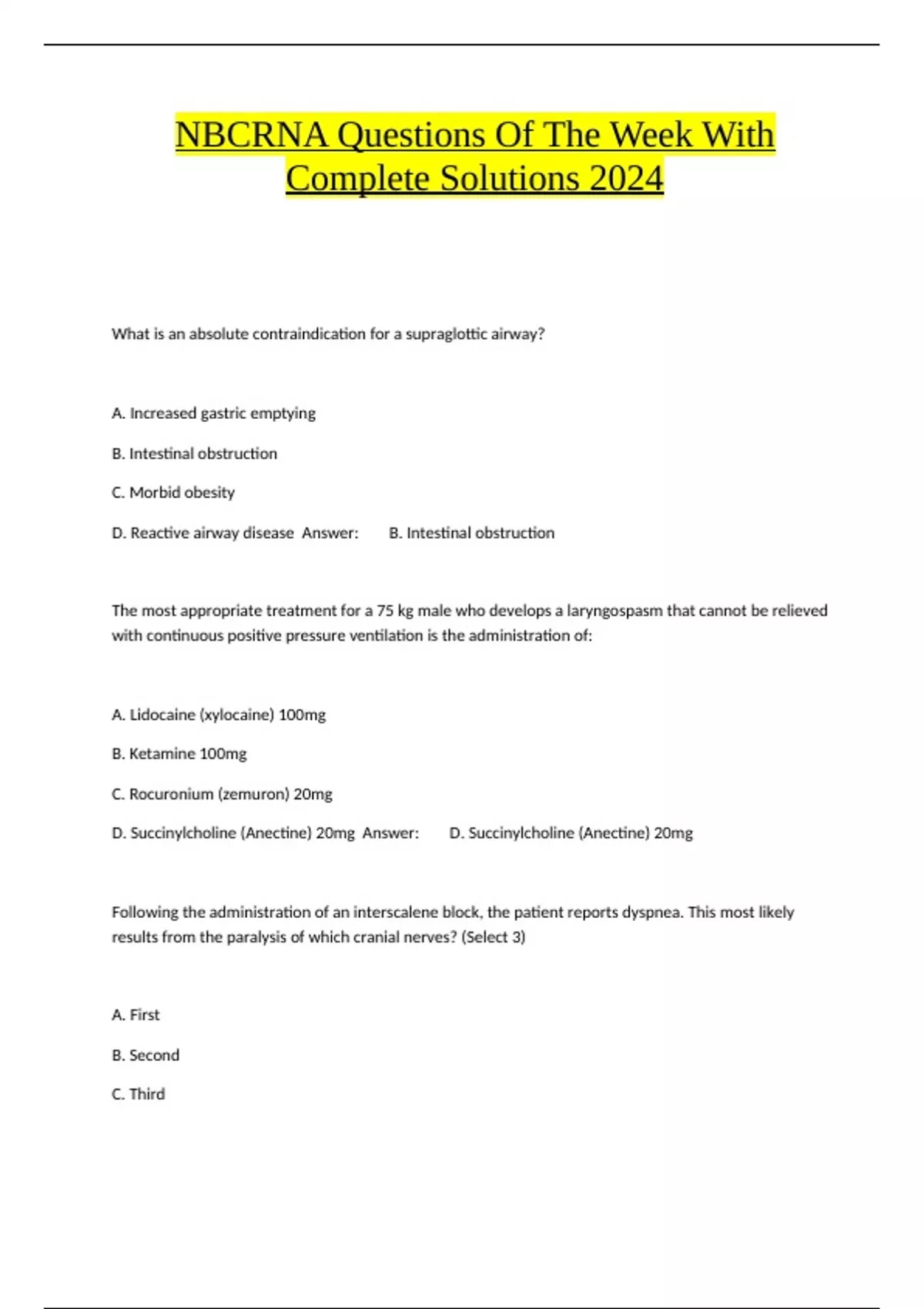 NBCRNA Questions Of The Week With Complete Solutions 2024 - NBCRNA ...