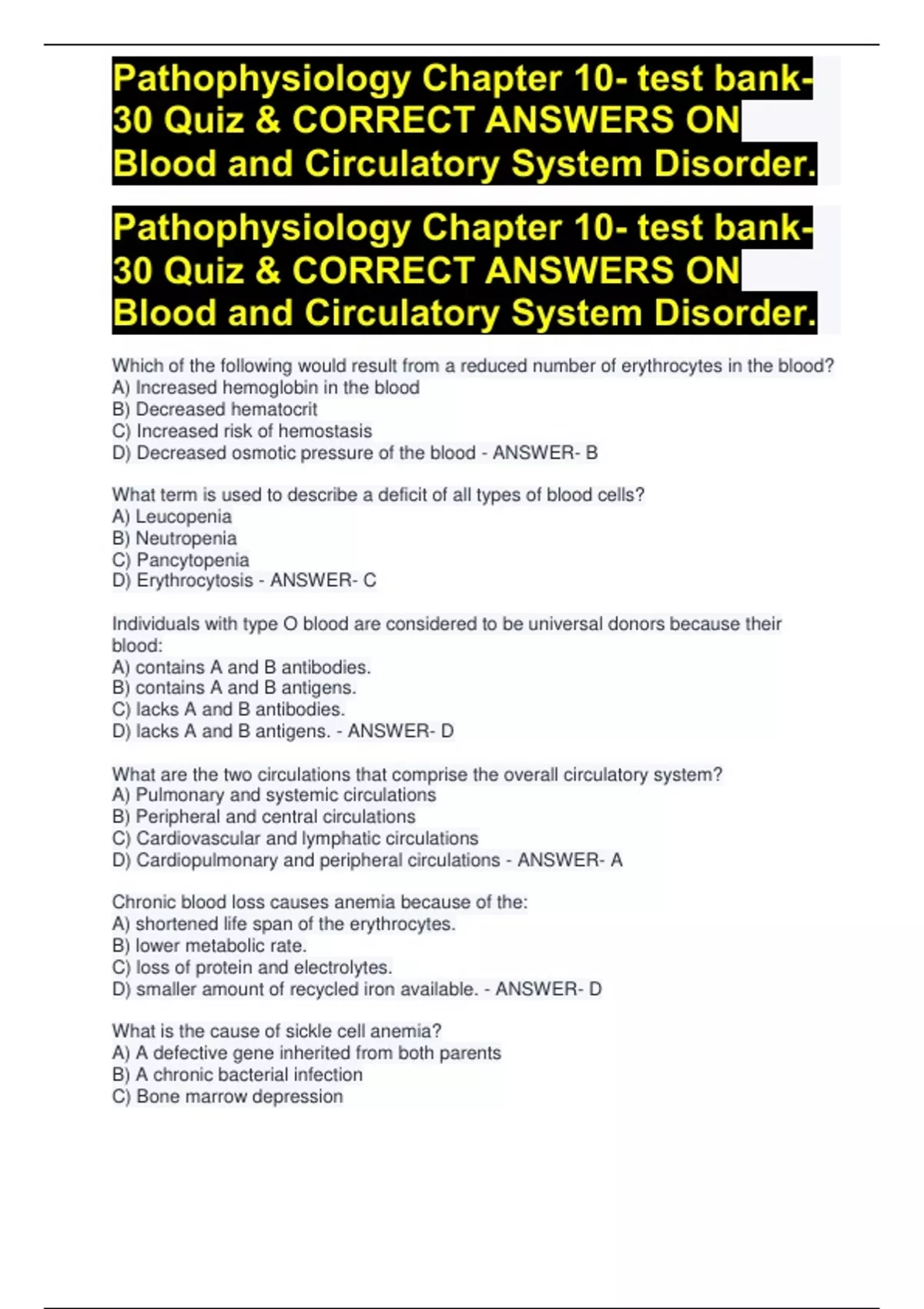Pathophysiology Chapter 10- test bank-30 Quiz & CORRECT ANSWERS ON ...