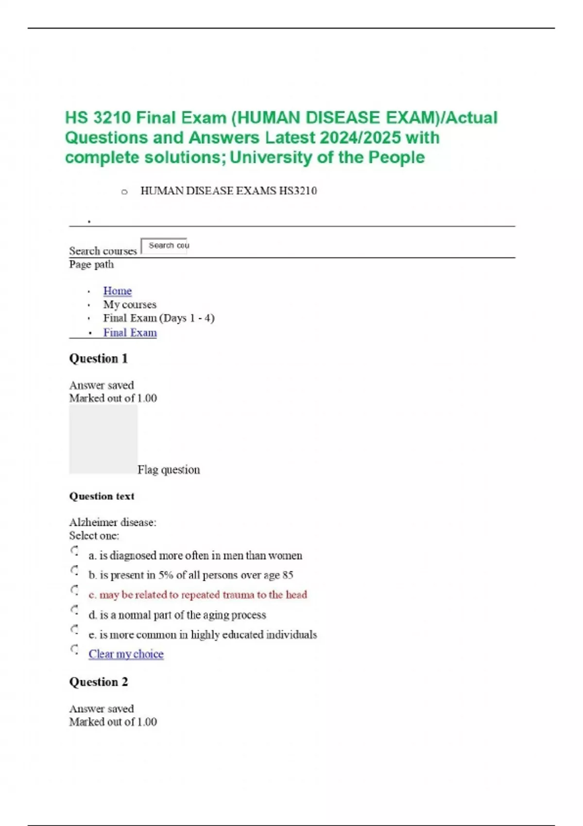 HS 3210 Final Exam (HUMAN DISEASE EXAM)/Actual Questions and Answers ...