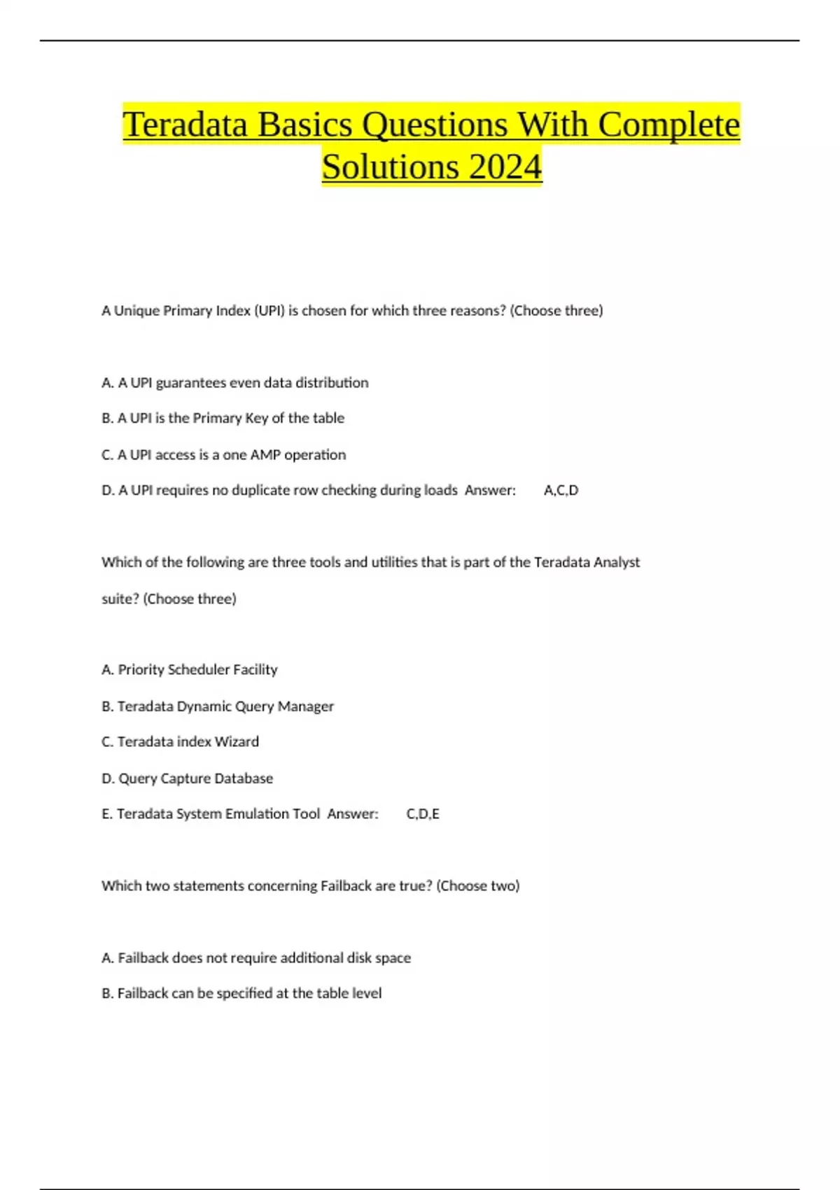 Teradata Basics Questions With Complete Solutions 2024 - Teradata - Stuvia US