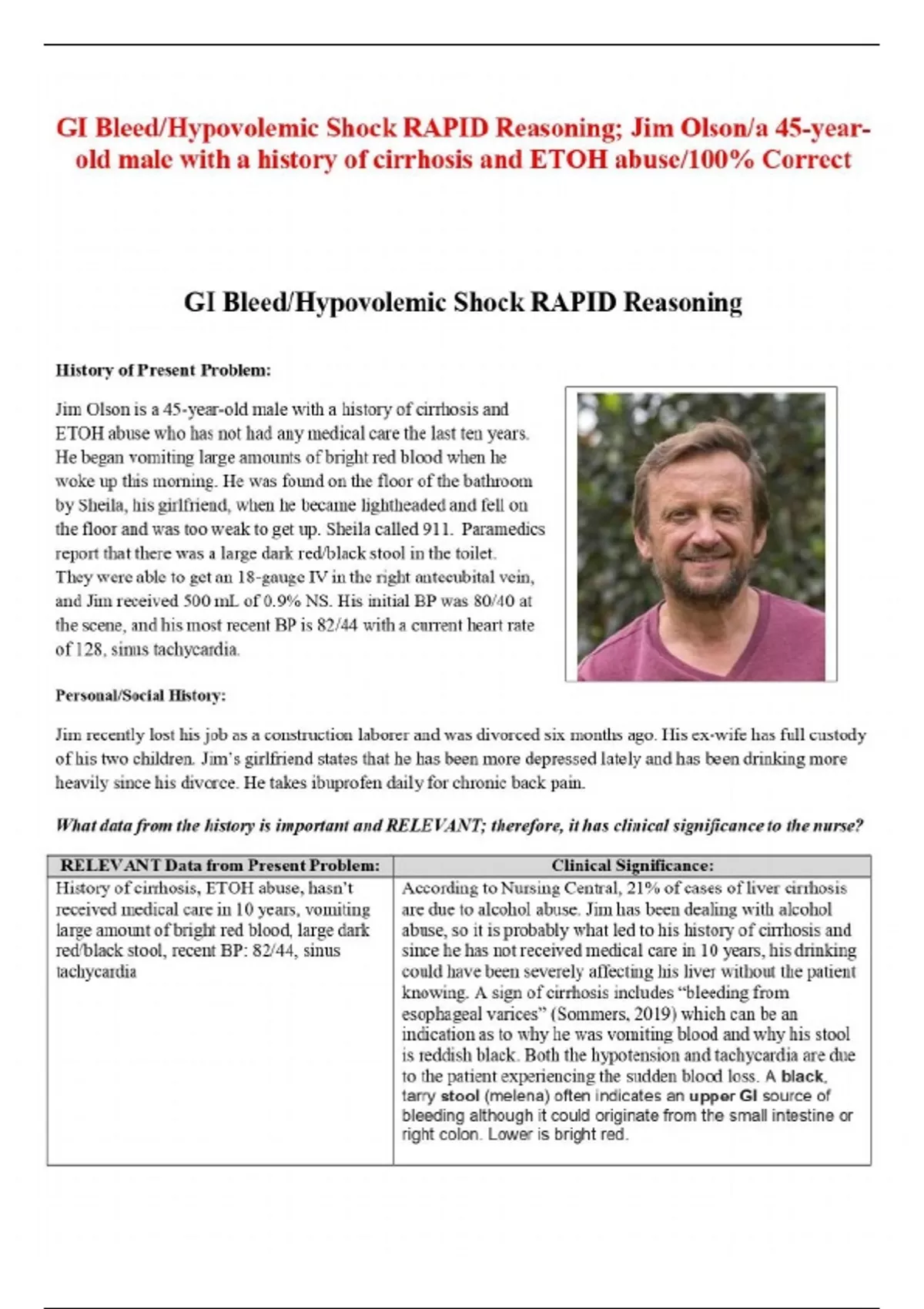 GI Bleed/Hypovolemic Shock RAPID Reasoning; Jim Olson/a 45-year-old ...