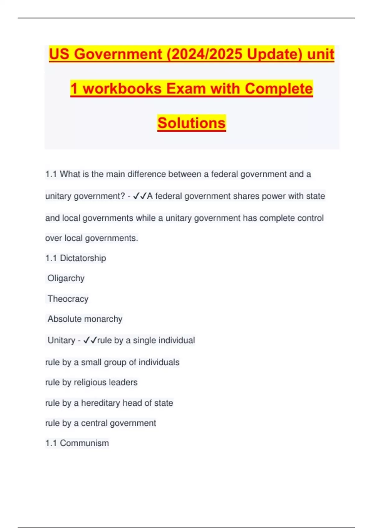 US Government (2024/2025 Update) unit 1 workbooks Exam with Complete ...