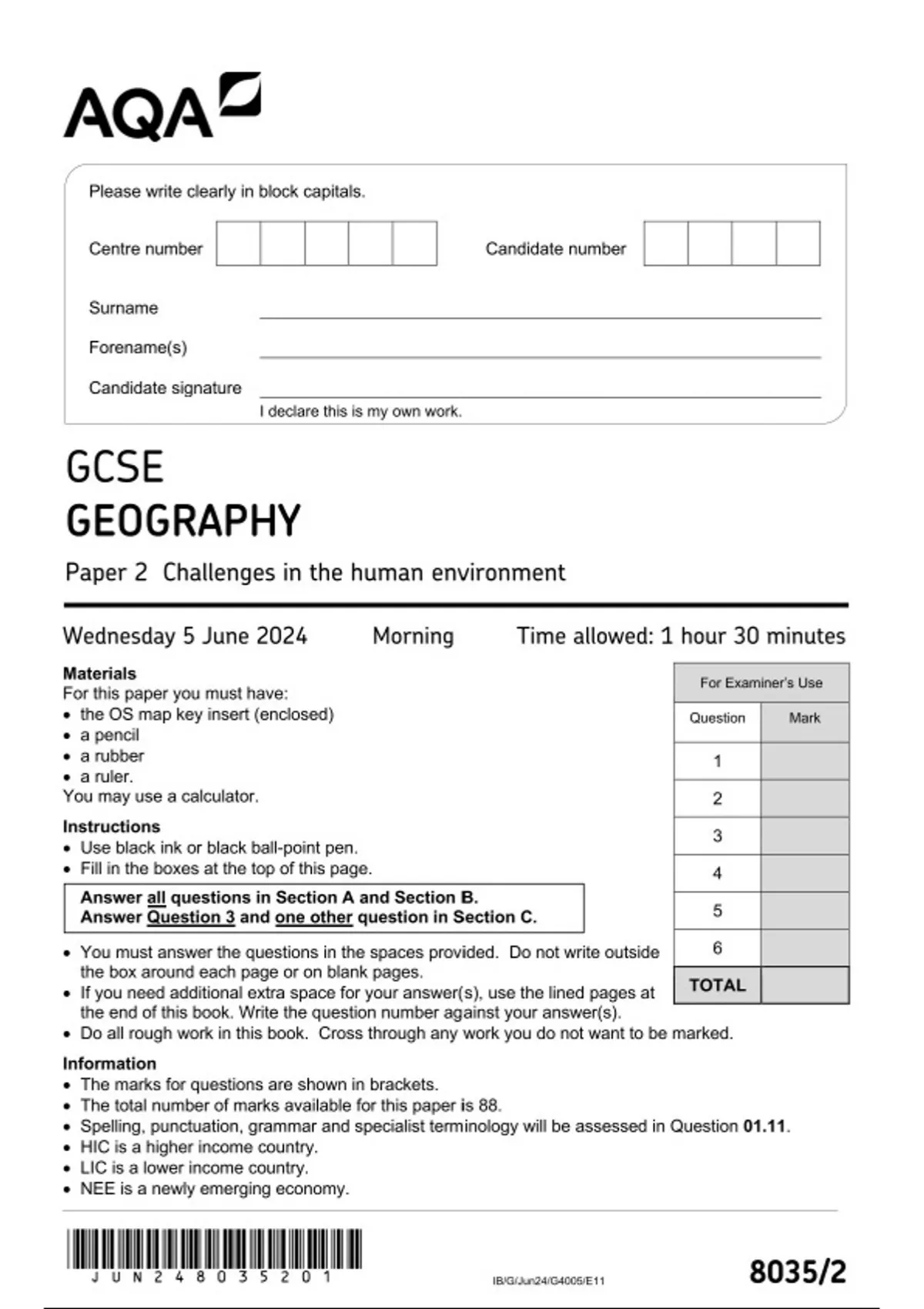 AQA GCSE GEOGRAPHY PAPER 1, 2 and 3 JUNE 2024 QUESTION PAPERS AND MARK ...