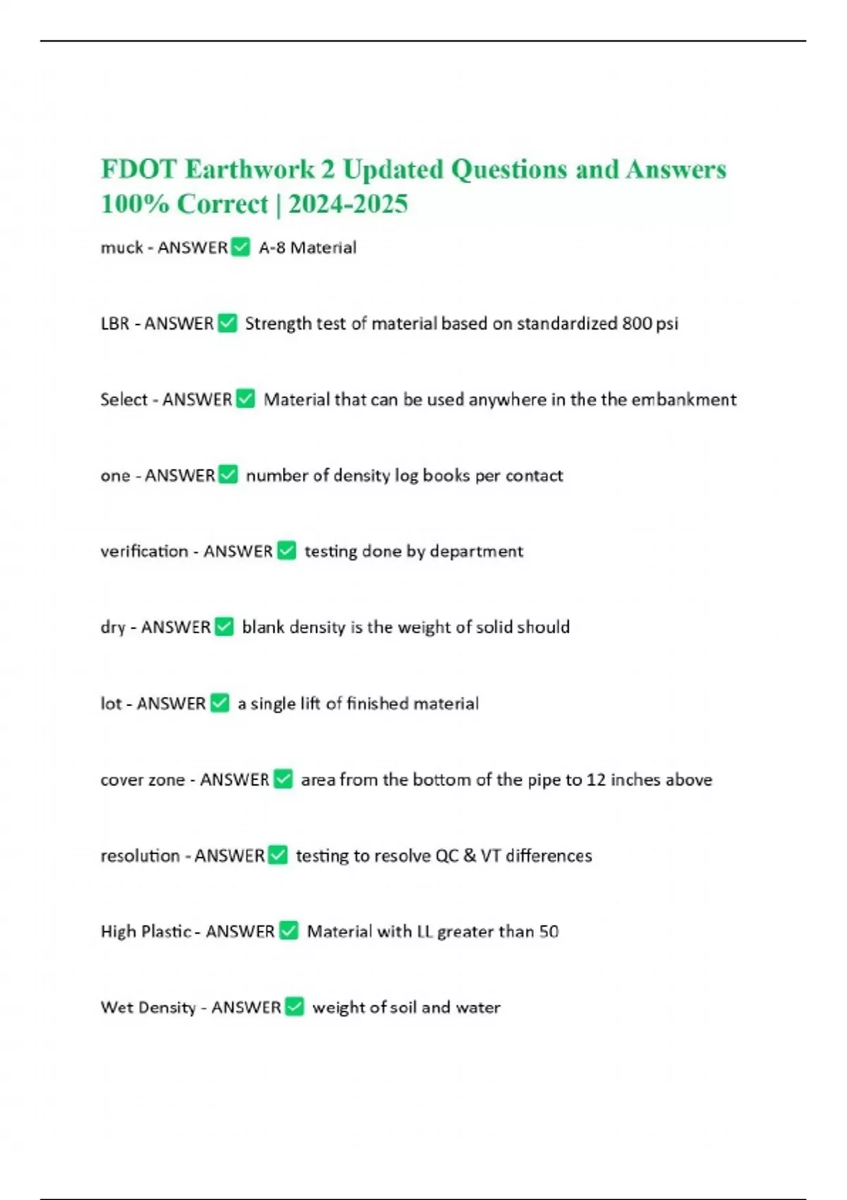 FDOT Earthwork 2 Updated Questions and Answers 100% Correct | - FDOT ...