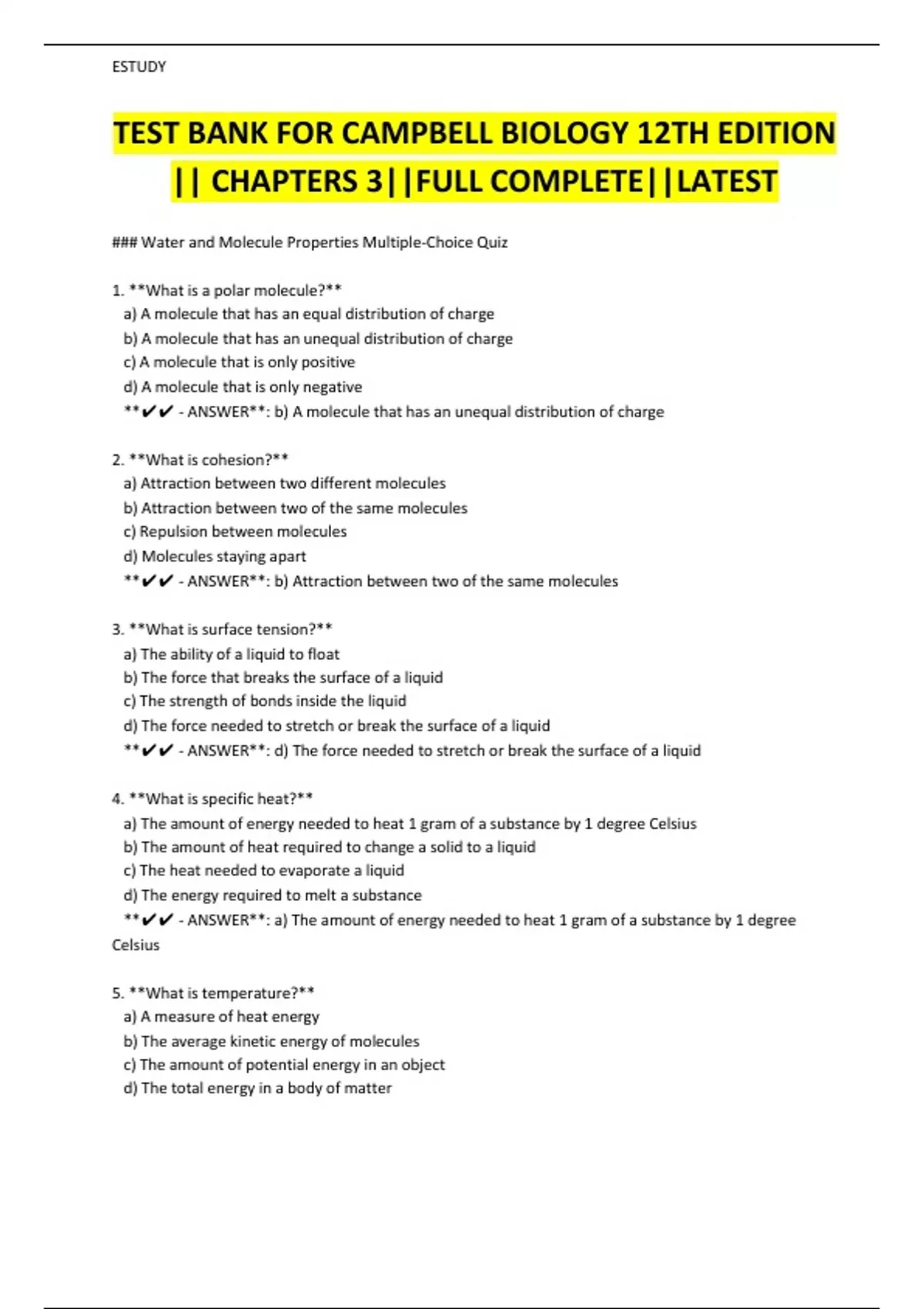 TEST BANK FOR CAMPBELL BIOLOGY 12TH EDITION || ALL CHAPTERS ||FULL ...