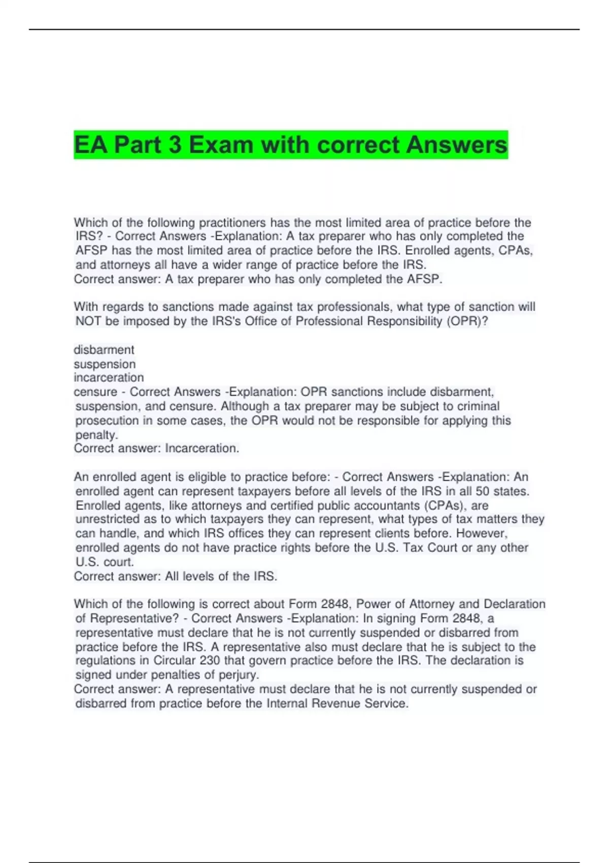 EA Part 3 Exam with correct Answers - EA - Enrolled Agent - Stuvia US